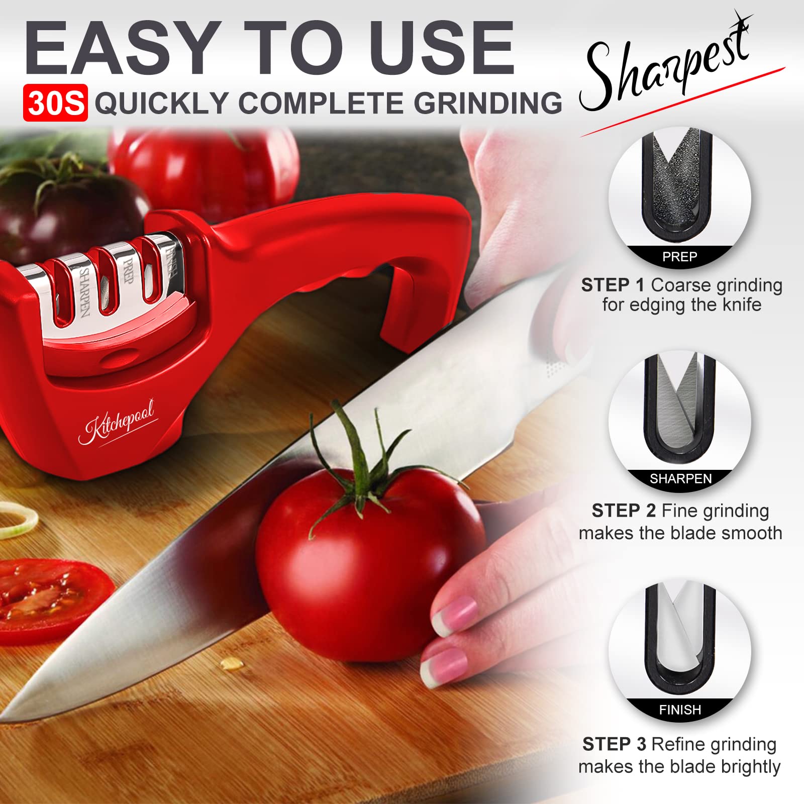 4-in-1 Knife Sharpener Kit with Cut-Resistant Glove, 8-Stage Quality Kitchen Knife Accessories to Repair, Grind, Polish Blade, Professional Knife Sharpening Tool for Kitchen Knives (Red)