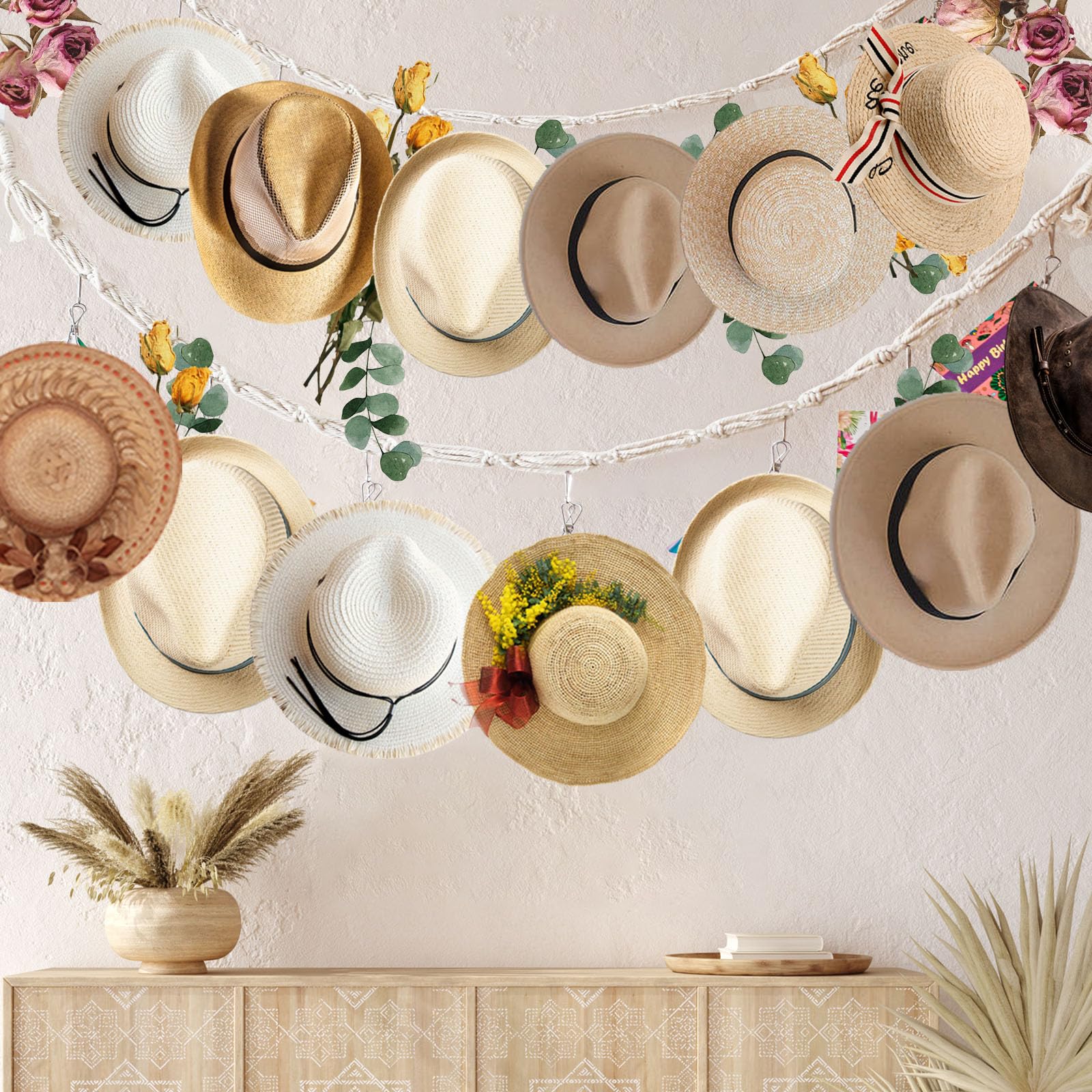 YedsIntu 2 Pcs Macrame Hat Hangers Hat Rack for Wall, Women Boho Hanging Hat Organizer Display Holder Storage for Wide Brimmed Fedora Sun Hats Cowboy