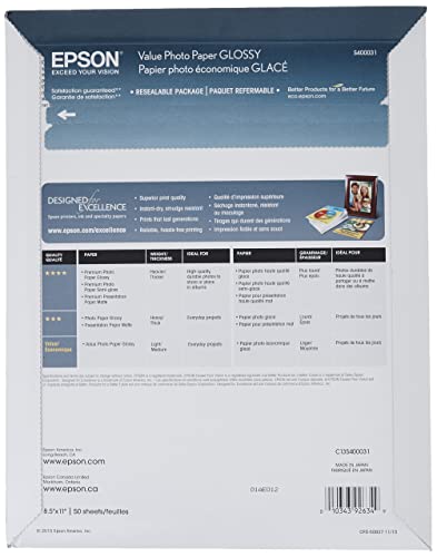 Epson Value Photo Paper Glossy, Letter, 50 Sheets (S400031)
