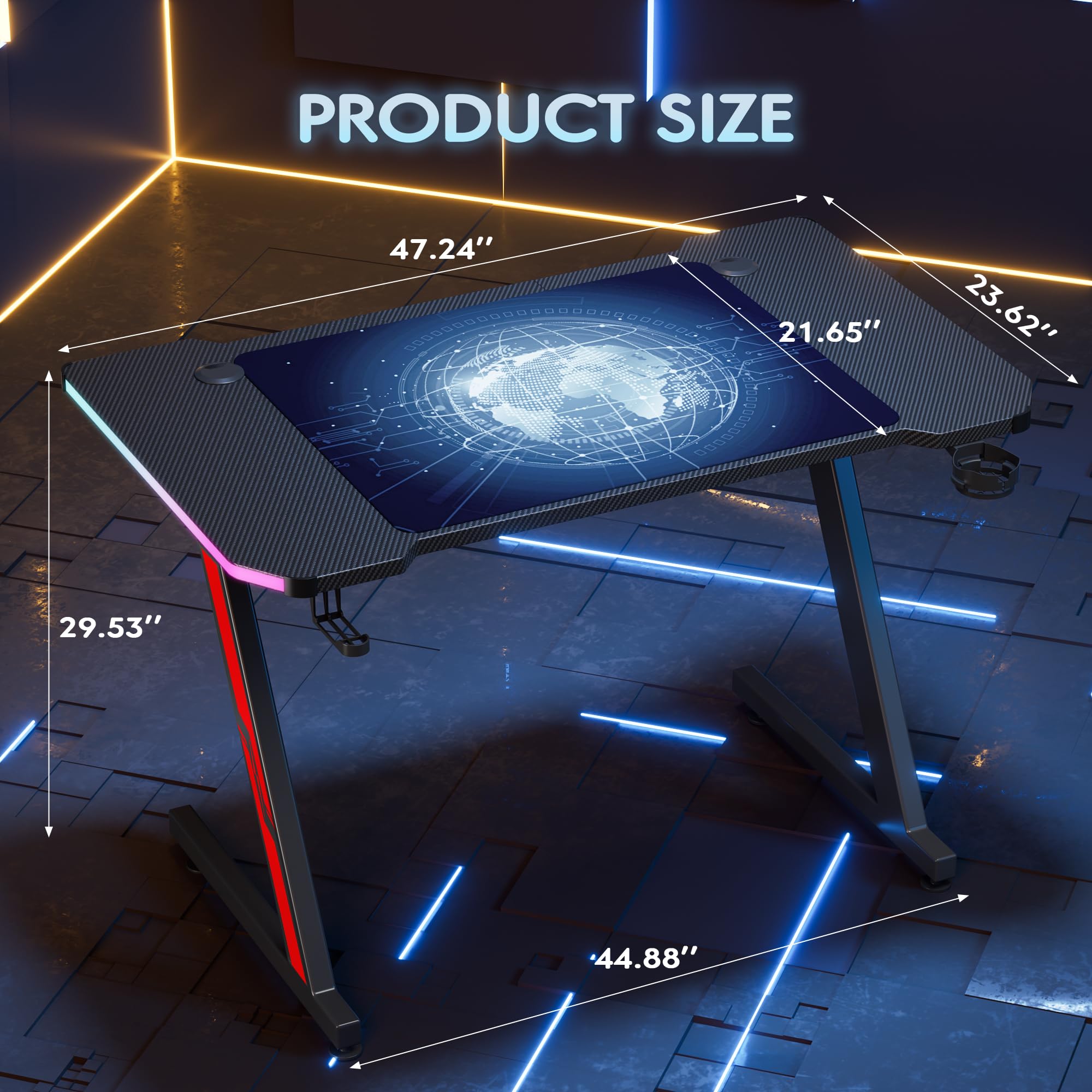 Homall Gaming Computer Desk with Carbon Fiber Surface, Gaming Table Z Shaped PC Home Office with Cup Holder&Headphone Hook(47 in, Black, Led Light)