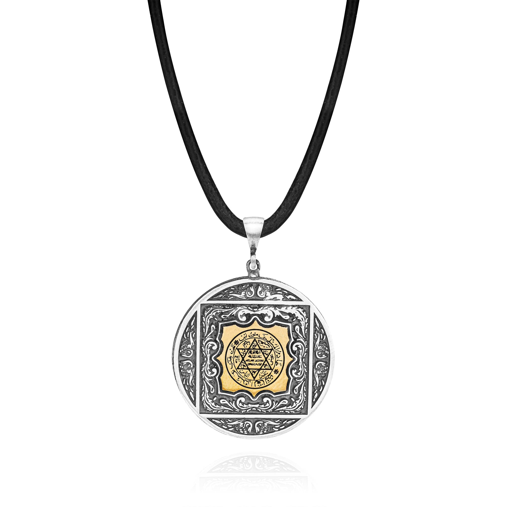 925 Sterling Silver Original Leather Rope The Seal of Sultan Suleiman Patterned Pen Embroidered Craftsman Handmade Ornamented Vintage Flamboyant Pendant Necklace Accessory Jewelry (Leather Rope Length 60 CM)