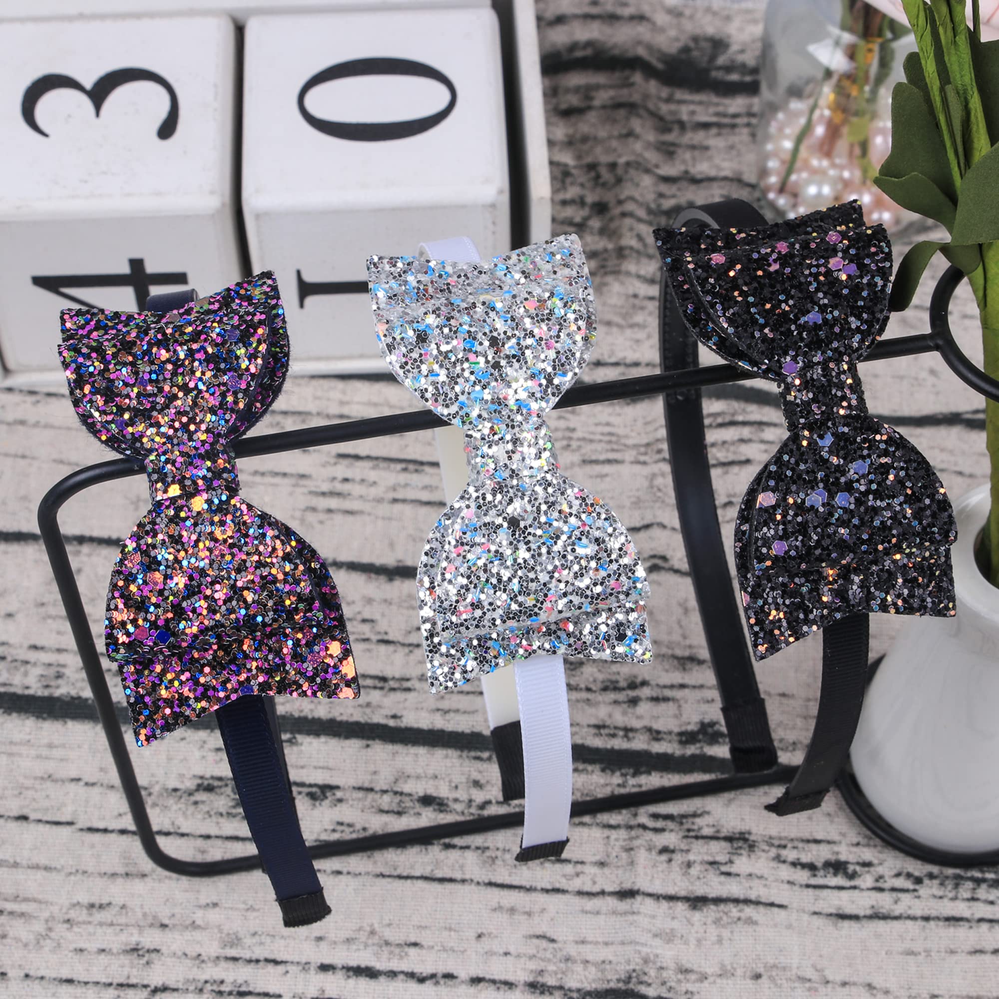 XIMA 10pcs Glitter Sequin Bow Hairband Shiny Bow Knot Teeth Plastic Headbands for Kids Hair Accessories