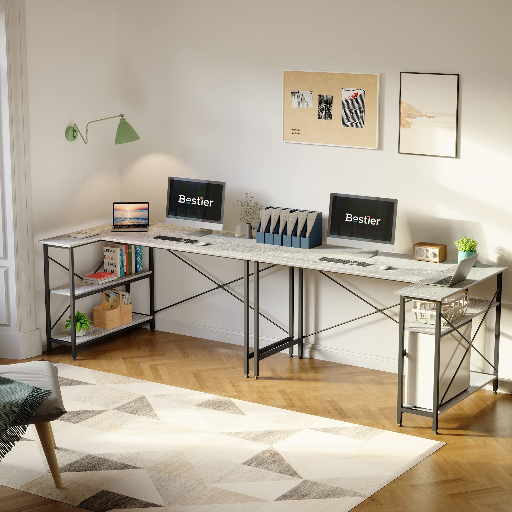 Bestier L Shaped Desk with Storage Shelves 55 Inch Corner Computer Desk Writing Study Table Workstation for Home Office, Wash Gray
