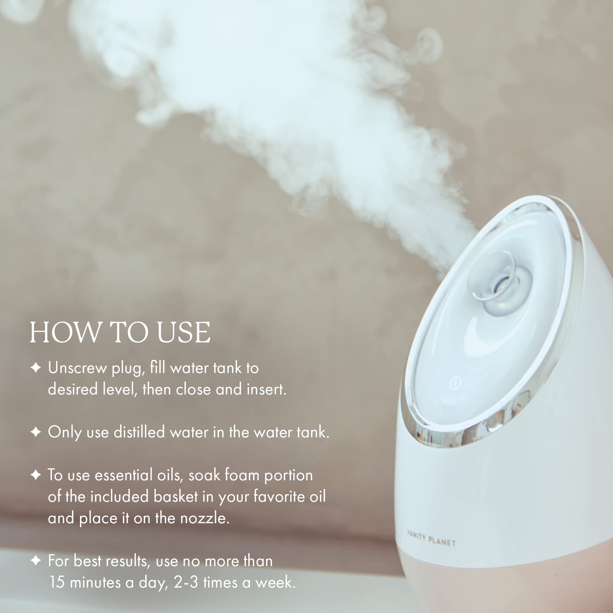 Vanity Planet Aira Ionic Facial Steamer (Beige) - Pore Cleaner That Detoxifies, Cleanses and Moisturizes - Adjustable Nozzle, Water Tank with 3 Essential Oil Baskets