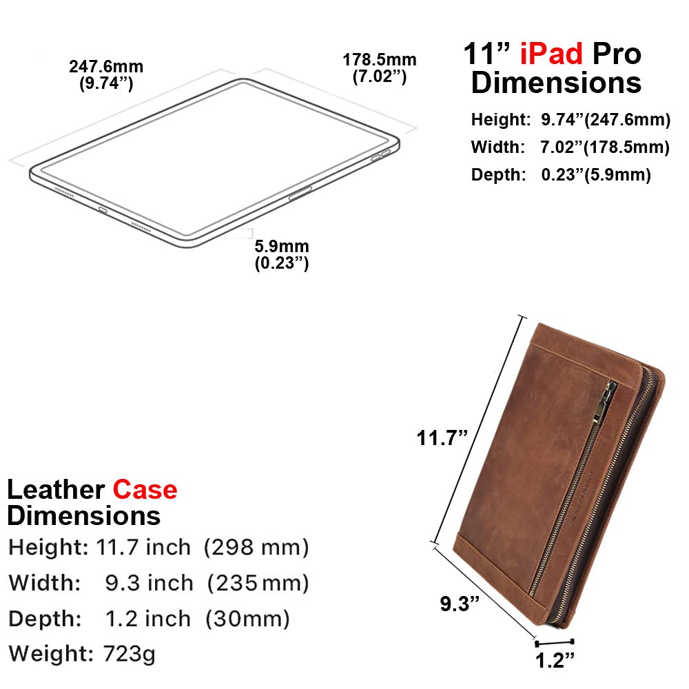 Leather Case for ipad Pro 11" Genuine Leather Multifunctional Smart Folio with Pencil Holder Zipper Pocket for iPad 11 /iPad 10.5/10.2 inch ipad/iPad 9.7
