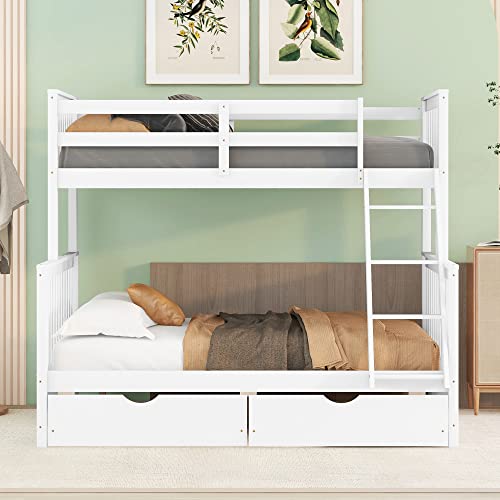 BIADNBZ Twin Over Full Bunk Bed with Two Drawers, Convertible Bunkbeds, Solid Wood Bedframe Furniture with Storage and Ladder, for Kids Teens Adults Bedroom, White