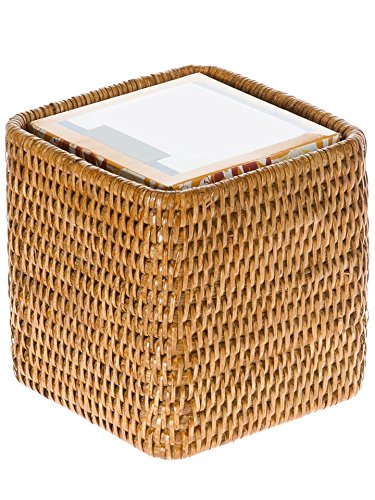 Kouboo La Jolla Rattan Round Waste Basket with Lid & Plastic Insert, 2 Gallon Woven Wastebasket & Home Decor, Honey Brown & 1030055 La Jolla Rattan Square Tissue Box Cover, 5.5" x 5.5" x 5.75"