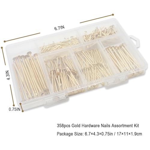 6 Sizes Gold Hardware Nails Assortment Kit, 358pcs, Brass Plated, Nails for Hanging Pictures, Finishing Nails, Wood Nails, Wall Nails for Hanging (3β, 2β, 1-1/2β, 1-1/4", 1β, 3/4")