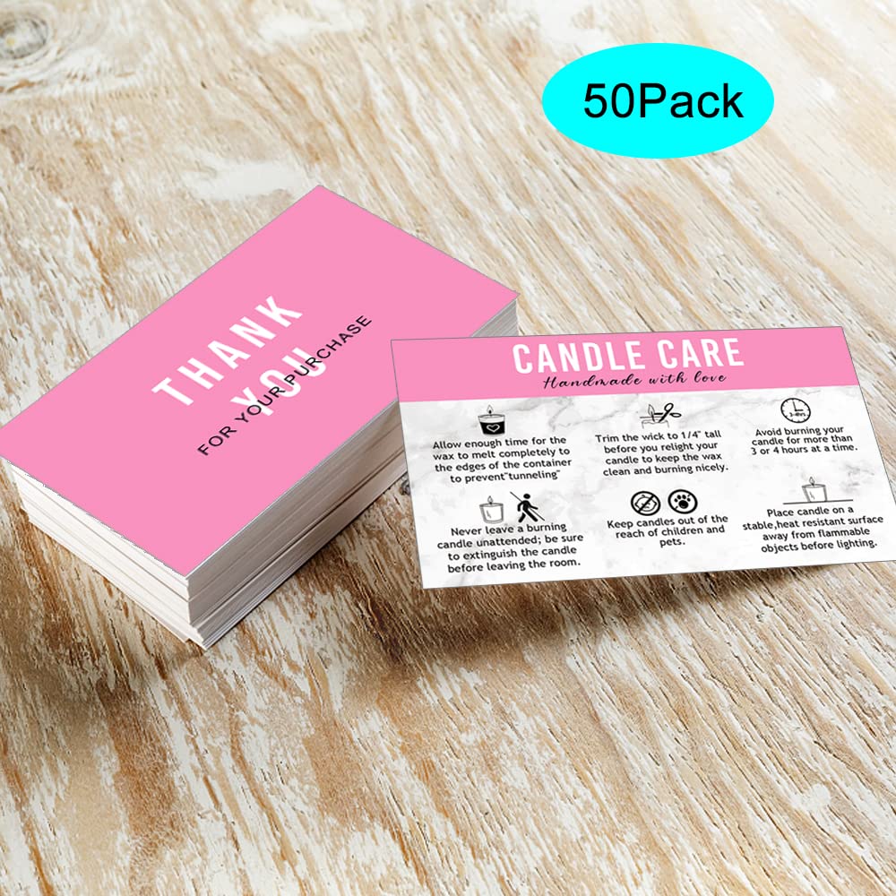 Handmade Candle Care Instruction Card, Card, for Makers Soy Bees Wax Coconut Essential Oils Black with White, 50 Pack 3.5 x 2 inches (Pink)