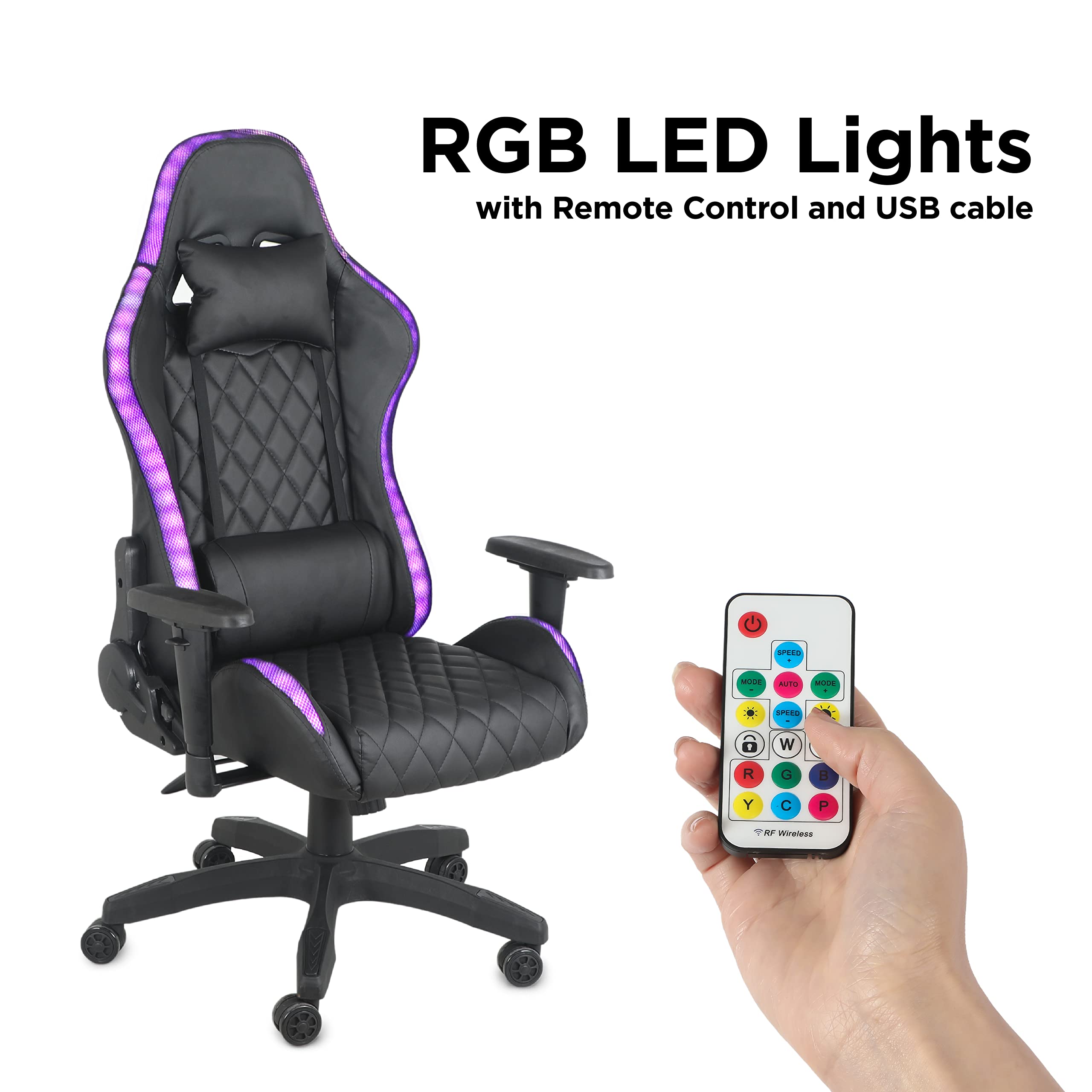Comfty RGB LED Reclining Diamond Quilted Black Leather Racing Gaming Pillows & Remote Control Chairs, Multicolor