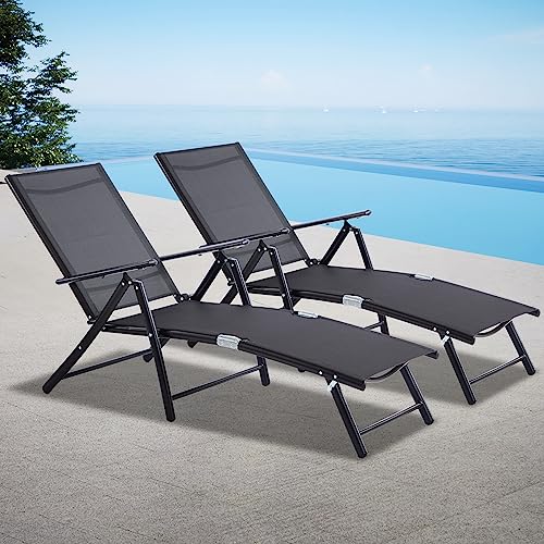 Haquatisol Outdoor Chaise Lounge Chair Set of 2,Reclining Folding Pool Patio Lounger with 8 Level Adjustable Backrest, Aluminum Portable Recliner for Lawn Garden Beach Yard, 330lbs Weight Capacity