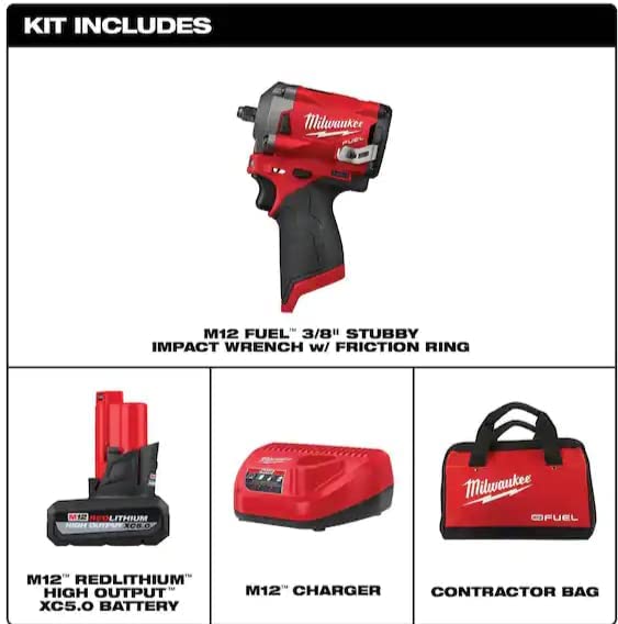 Milwaukee M12 FUEL 12-Volt Lithium-Ion Brushless Cordless Stubby 3/8 in. Impact Wrench Kit with (1) High Output 5.0 Ah Battery