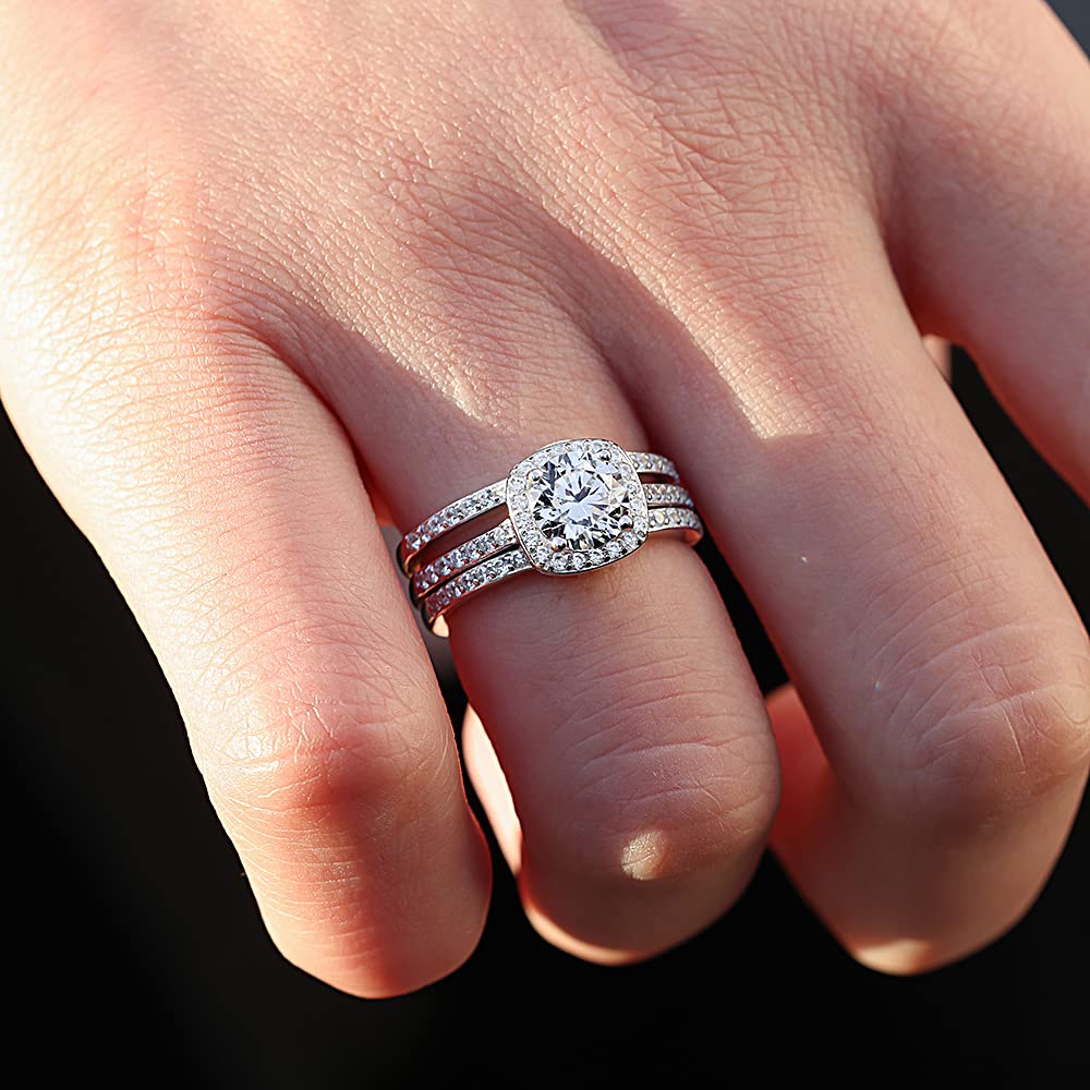 925 Sterling Silver 3 Pcs Bridal Ring Sets Round Cut CZ Engagement Rings for Women Wedding Bands for Women Size 6 7 8 9 (Silver, 6)