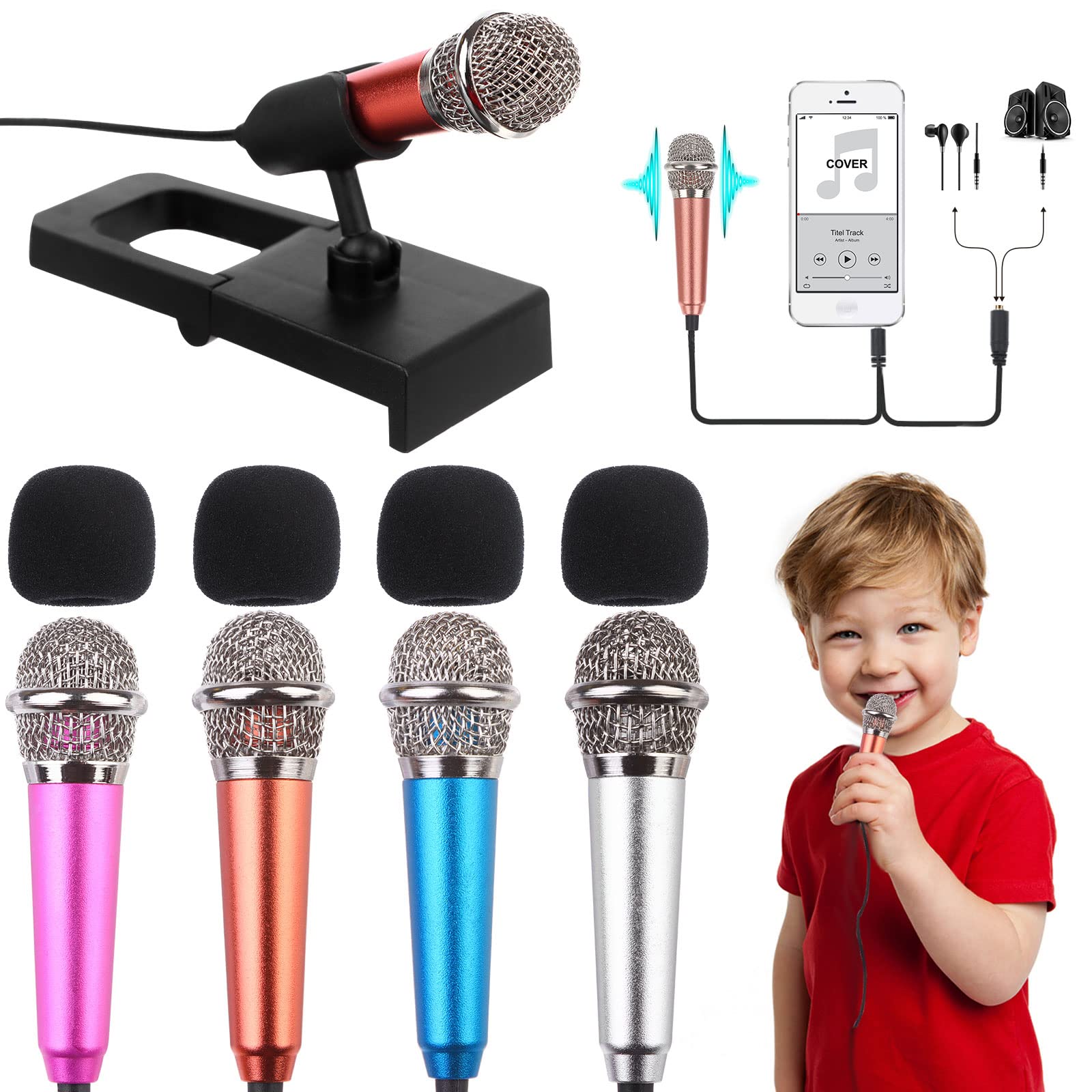 4-Piece Mini Microphone Tiny Microphone Mini Mic for Recording Voice and Singing on iPhone, Android Phones or Tablet, Metal, with 113 cm Cord, 3.5 mm Input (Rose Gold, Rose red, Silver, Blue)