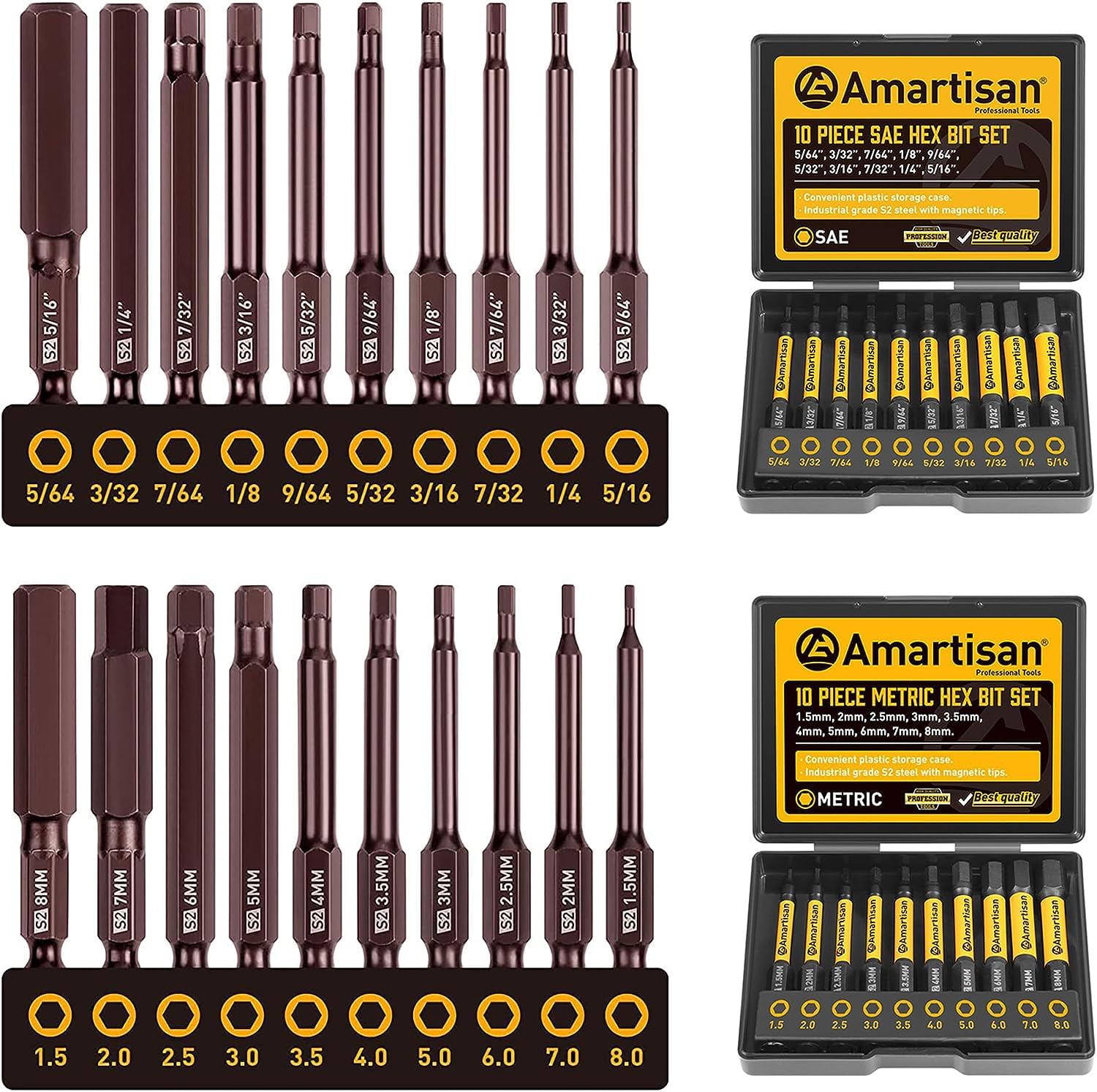 Amartisan 20-Piece Hex Head Allen Wrench Drill Bit Set, Metric and SAE S2 Steel Hex Bits Set, Magnetic Tips, 2.3" Long With Storage box.