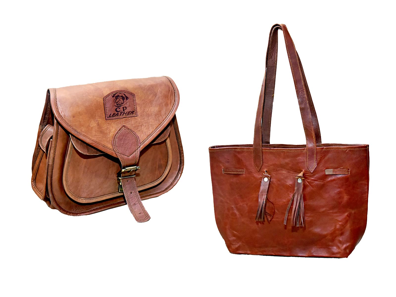 C.P Leather Women's Genuine Leather Tote Shoulder Crossbody Sling Bag Big Capacity Tassel Purses Handbag