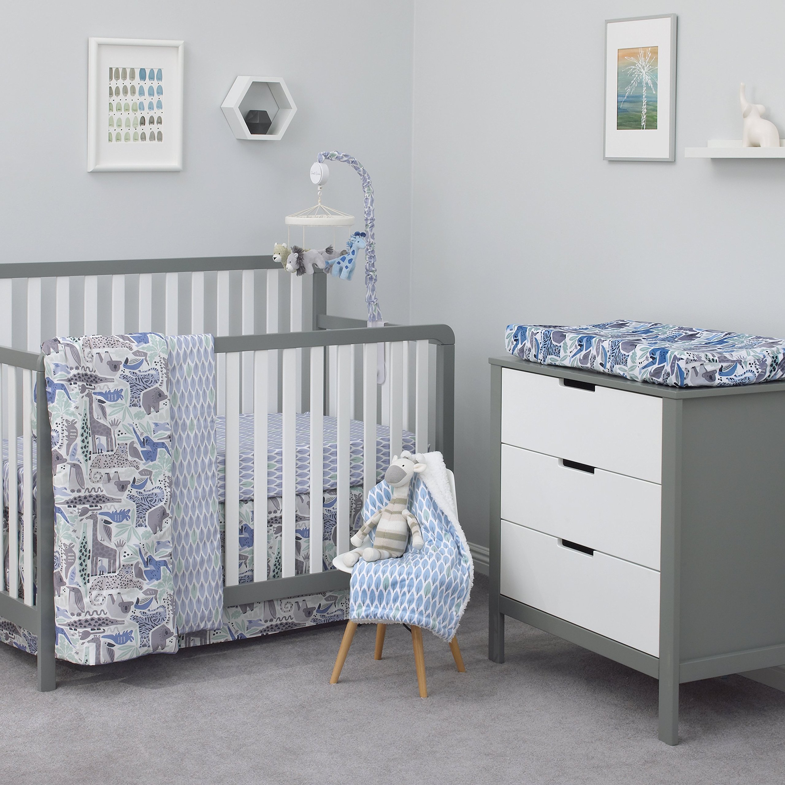 Dwell Studio Safari Skies Animal/Jungle 3 Piece Crib Bedding Set, Blue/Gray/Green/Taupe