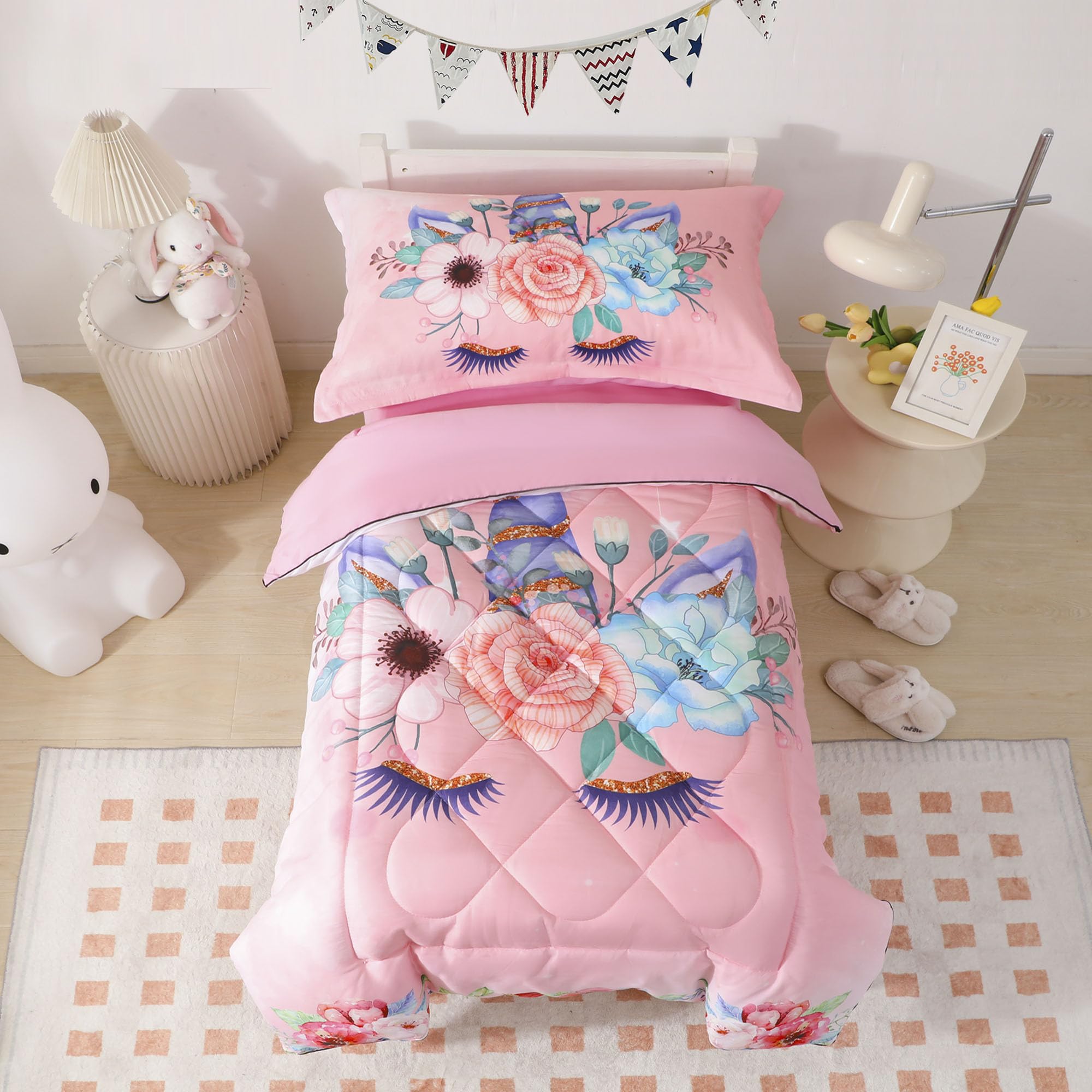 4 Piece Toddler Bedding Set for Boys Girls Outer Space Blue Rocket Planet Stars Toddler Comforter Set for Kids Bed-in-a-Bag Bedspreads Quilt Set with Comforter, Flat Sheet, Fitted Sheet, Pillowcase