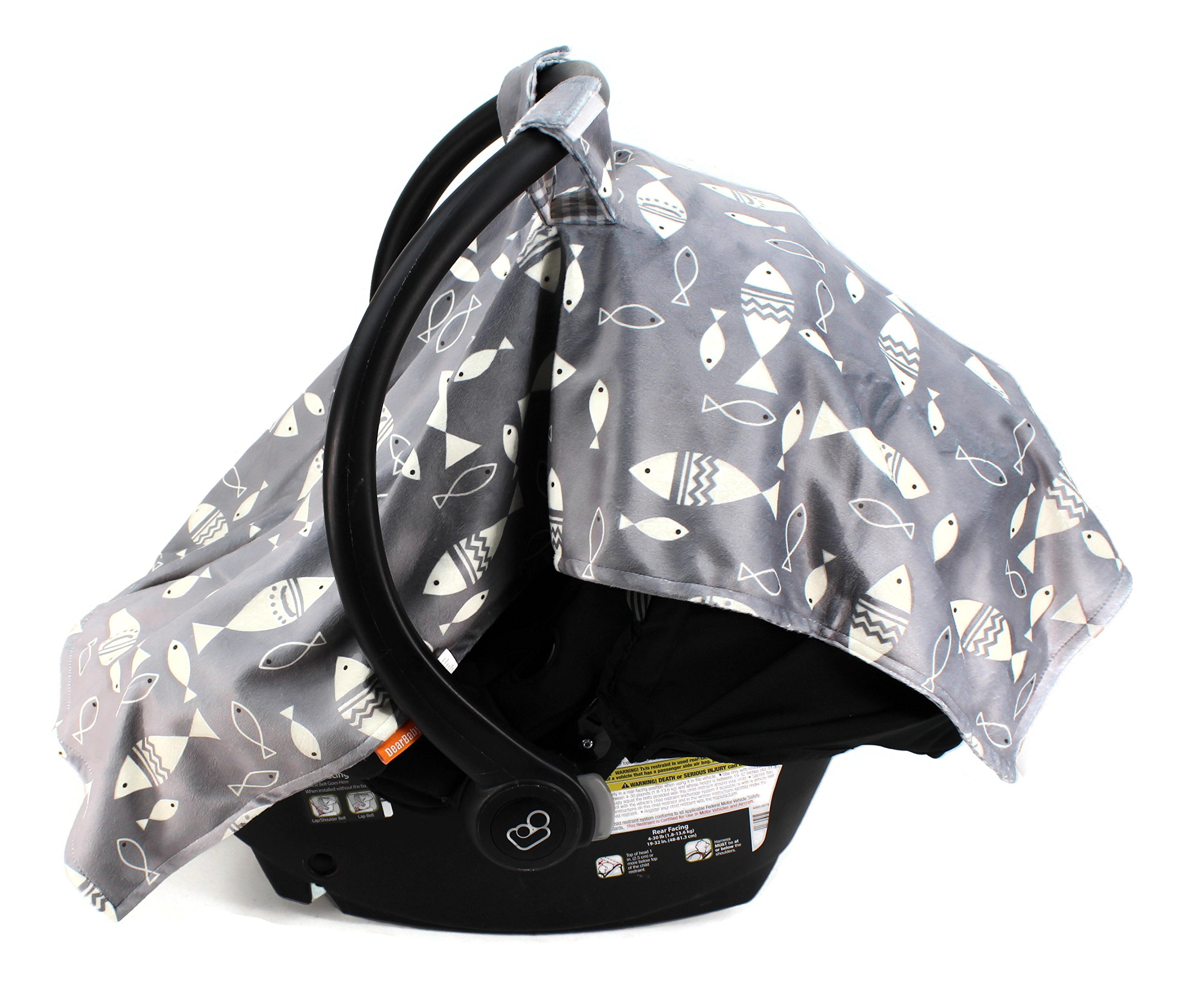Dear Baby Gear Deluxe Reversible Car Seat Canopy, Custom Minky Print, Fish on Grey/Grey Tan Plaid