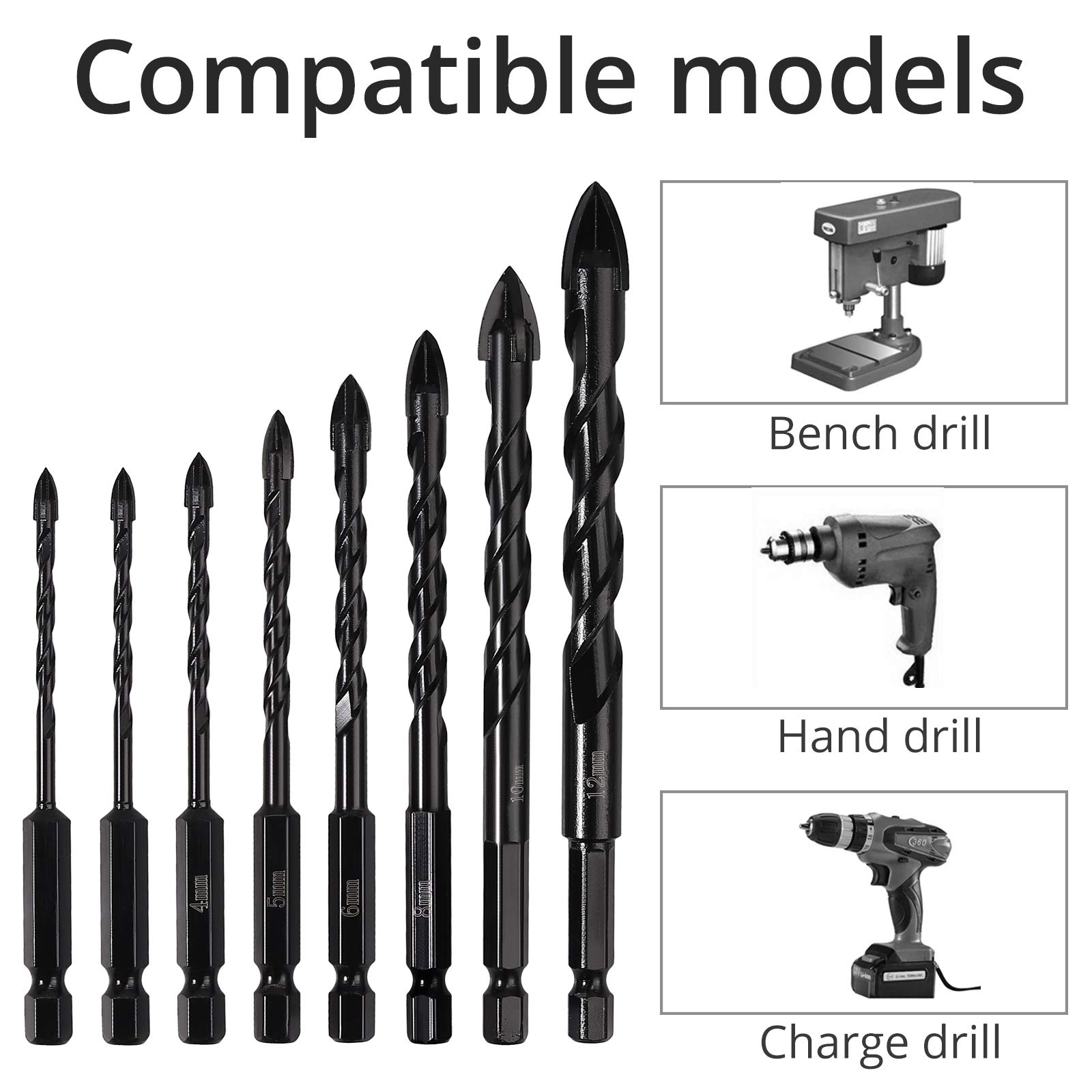 8 Pcs Masonry Drill Bits Set Cross Tungsten Carbide Ceramic Tile Drill Bits for Porcelain Ceramic Tile, Concrete, Brick Wall, Glass, Mirrors, Plastic Masonry and Wood Size 3, 3, 4, 5, 6, 8, 10,12mm