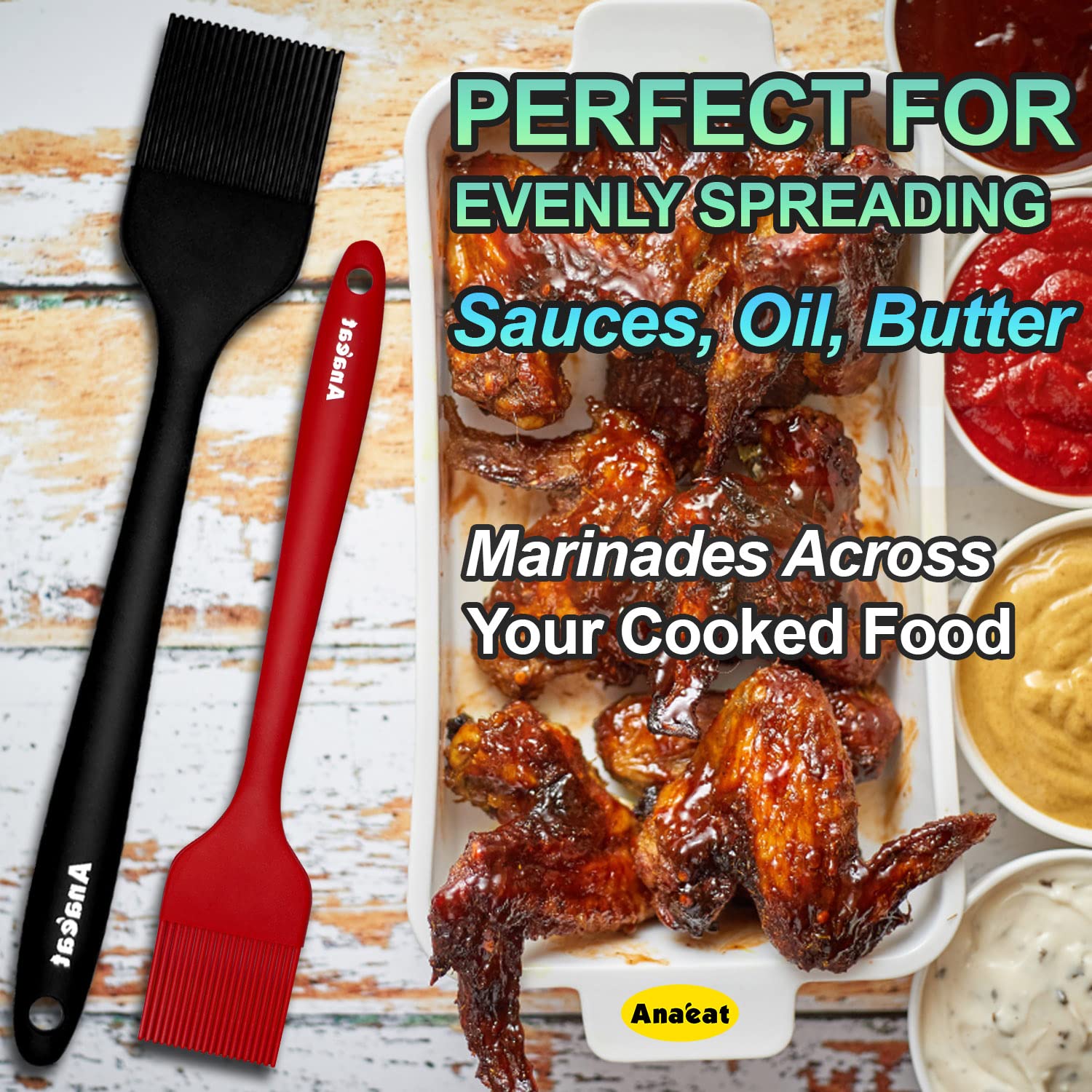 Anaeat 2 Pack Silicone Basting Pastry Brushes - Heat Resistant Brush with Soft Bristles, Hygienic One Piece Design, Marinade Brush Great in Baking for Spreading Oil Butter Sauce BBQ Grill