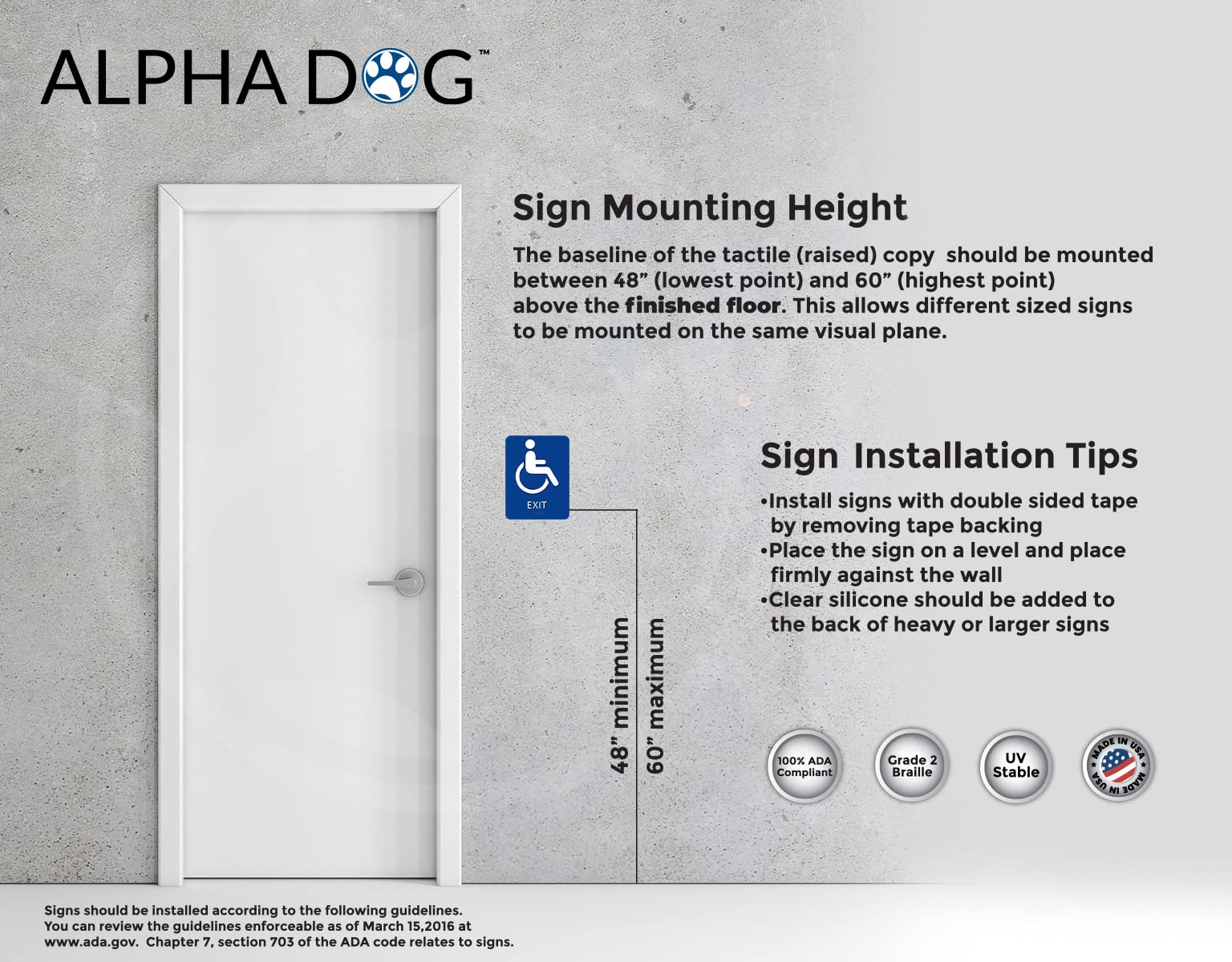 ALPHA DOG ADA SIGNS - Handicap Exit Sign with Braille for Your Business, 8x6 Inch, ADA Compliant, Indoor or Outdoor, Easy Installation, Made in the USA, Blue