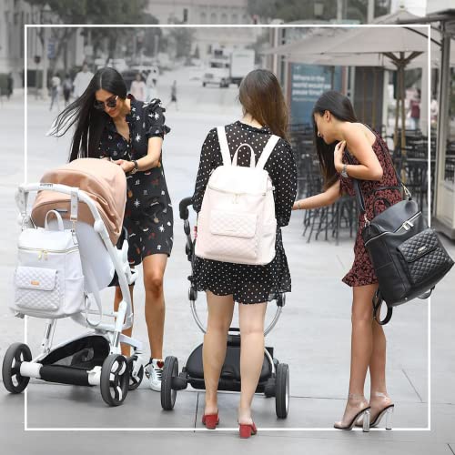 Monaco Large Diaper Bag Backpack by Luli Bebe - Designer Modern Vegan Leather Stylish Baby Backpack Diaper Bag for Mom, Multipurpose, Roomy, with Changing Pad (Pearl White)
