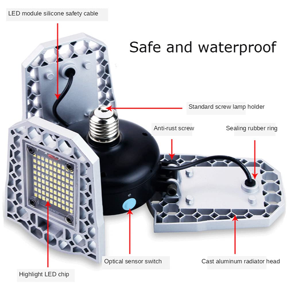 80W Deformable LED Ceiling Garage Lamp, Waterproof and Anti-Leakage Garage Lights with Automatic Light Control Sensor, with 3 Adjustable Panels, E27/E26 9600LM 6000K Daylight for Warehouse Barn (80)