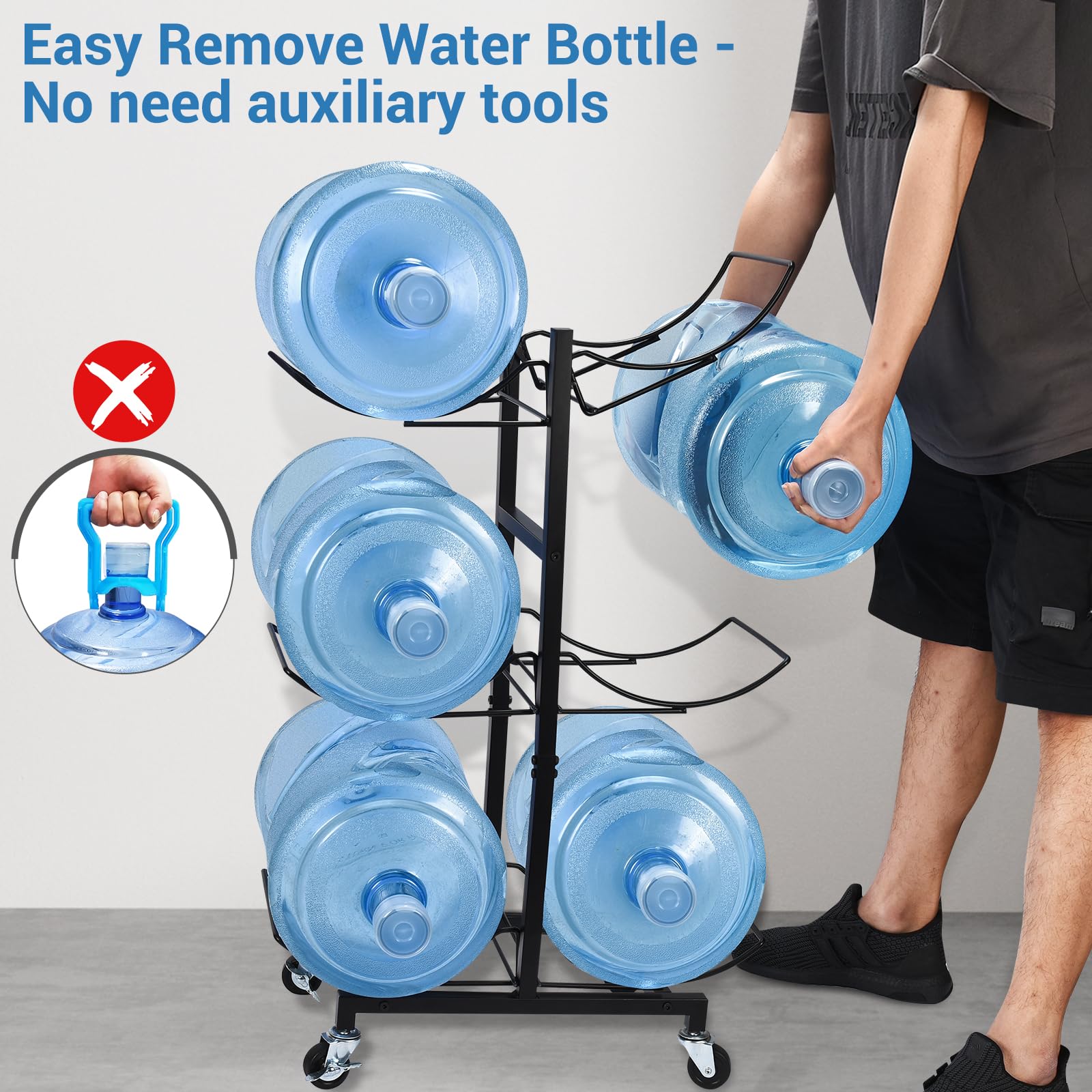 5 Gallon Water Bottle Holder with 4 Wheels, Heavy Duty Foldable Water Jug Stand 3-Tier Movable 5 Gallon Water Jug Holder Water Dispenser Rack for 6 Bottles, Black