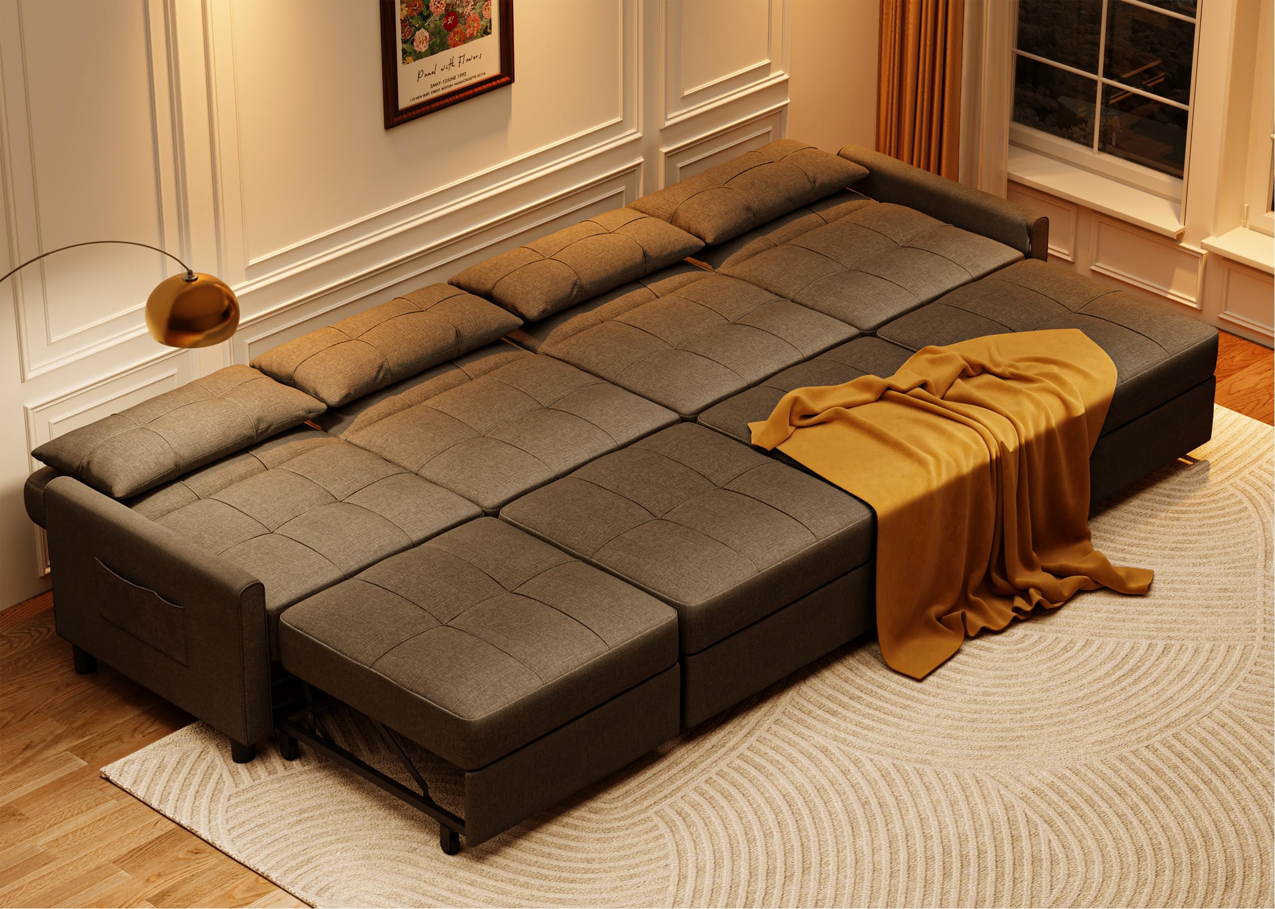 Aiho Pull Out Couch - 4-Seater Sectional Sleeper Sofa, Convertible with Adjustable Backrest & Spring Support for Living Room, Dark Grey