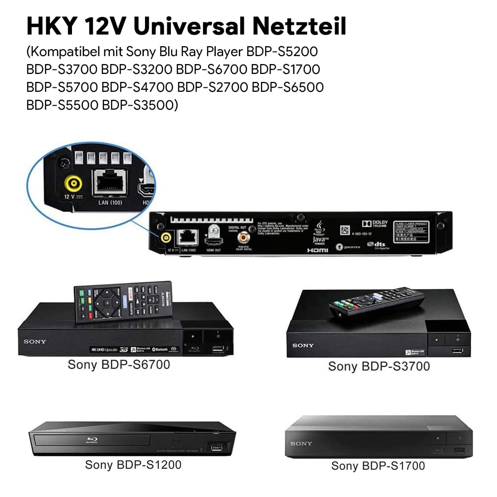 HKY 12V AC Adapter Compatible with Sony Blu Ray Player BDP-S5200 BDP-S3700 BDP-S3200 BDP-S6700 BDP-S1700 BDP-S5700 BDP-S4700 BDP-S2700 BDP-S6500 BDP-S5500 BDP-S3500 Power Cord Charger AC-M1208UC