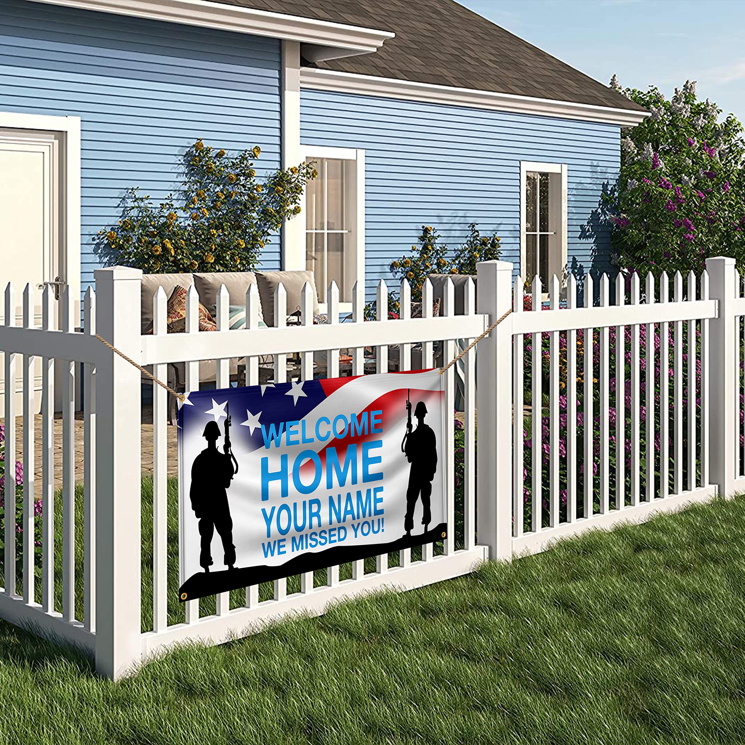 BannerBuzz Vinyl Banner, Welcome Home We Missed You Soldier, PVC Flex, 11 oz, Hemmed Edges with Grommets, Single Sided Print, Full Color 600DPI Eco Solvent Printing (10' W X 4' H)
