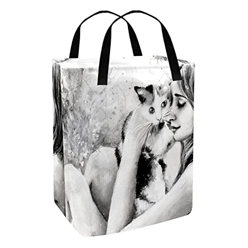 Beauty Girl and Cat Print Collapsible Laundry Hamper, 60L Waterproof Laundry Baskets Washing Bin Clothes Toys Storage for Dorm Bathroom Bedroom