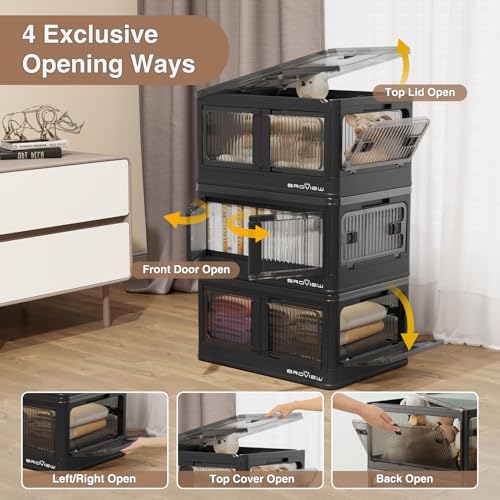 BROVIEW V5 33Gal Plastic Storage Bins with Lids, 4Pack Stackable Collapsible Storage Bins for Closet Organizers and Storage, Folding Storage Container Cabinets with Doors and Wheels, Black