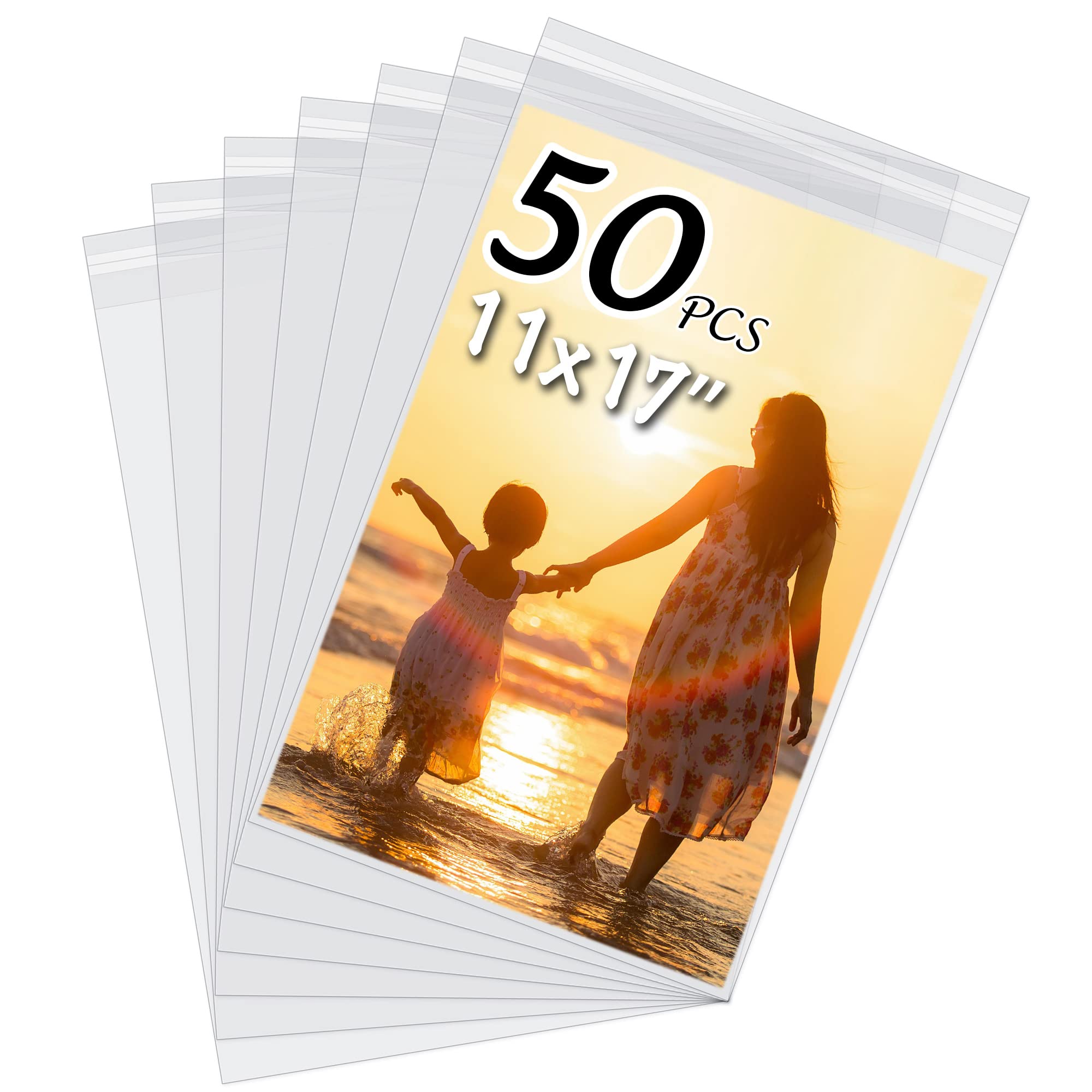 50 Pack Acid-Free Crystal Clear Sleeves Storage Bags for 11x17 Art Prints/Pictures/Photos/Framing Mat Mattes (Bag Size: 11 3/7"x17 1/2")