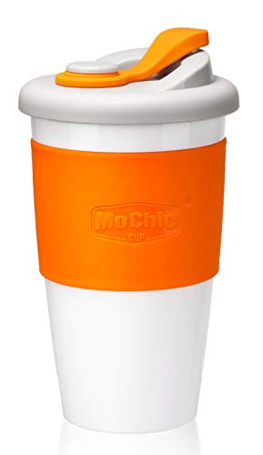 MOCHIC CUP Reusable Coffee Cup with Lid Portable Travel Mug with Non-Slip Sleeve BPA Free Dishwasher and Microwave Safe Friendly Coffee Mug (Orange,16oz)