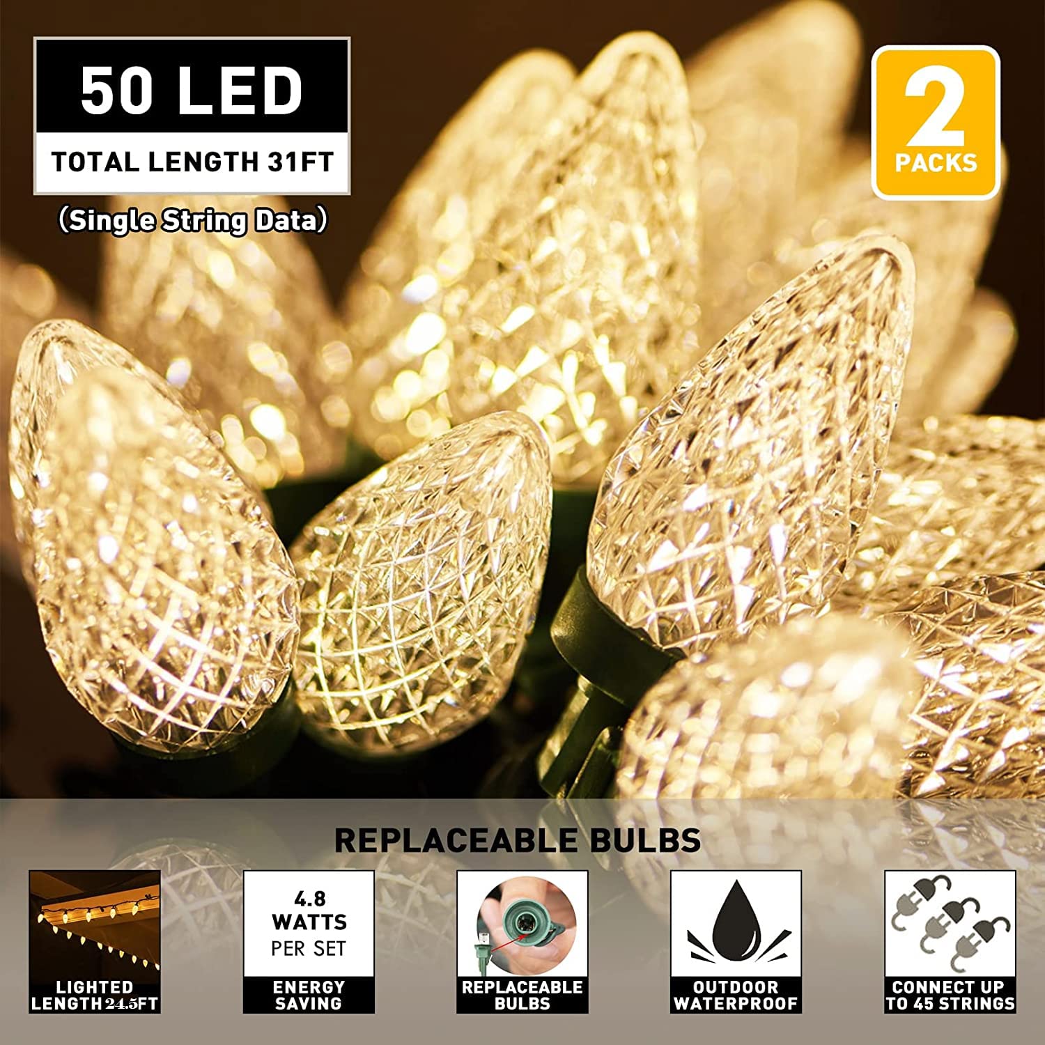 C9 Outdoor Christmas Lights 2 Pack 31ft 50 LED,String Lights Connectable Commercial Grade Outdoor Indoor Xmas Decorative Light Strand for Christmas Trees Garden Patio Parties Decor Warm White