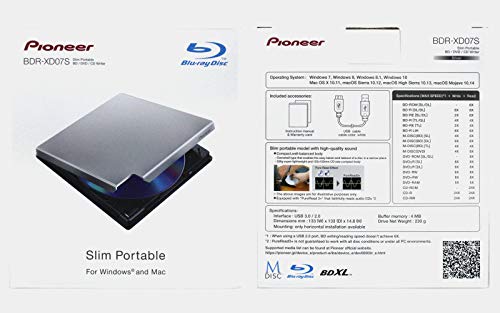 Produplicator Pioneer BDR-XD07S Portable 6X Blu-ray Burner External Drive Bundle with USB Cable - Burns CD DVD BD DL BDXL Discs