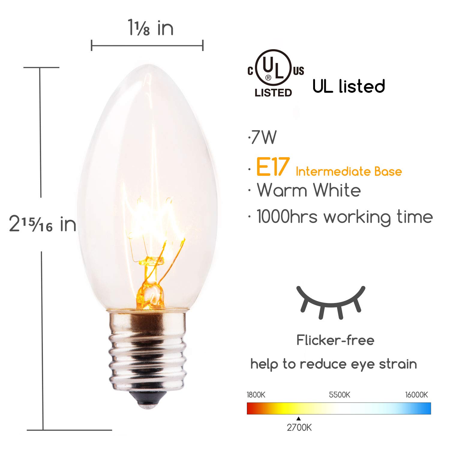 50 Pack C9 Clear Replacement Bulbs for Christmas Lights, E17 C9 Intermediate Base Incandescent C9 Christmas Light Bulbs, 7 Watt, Warm White