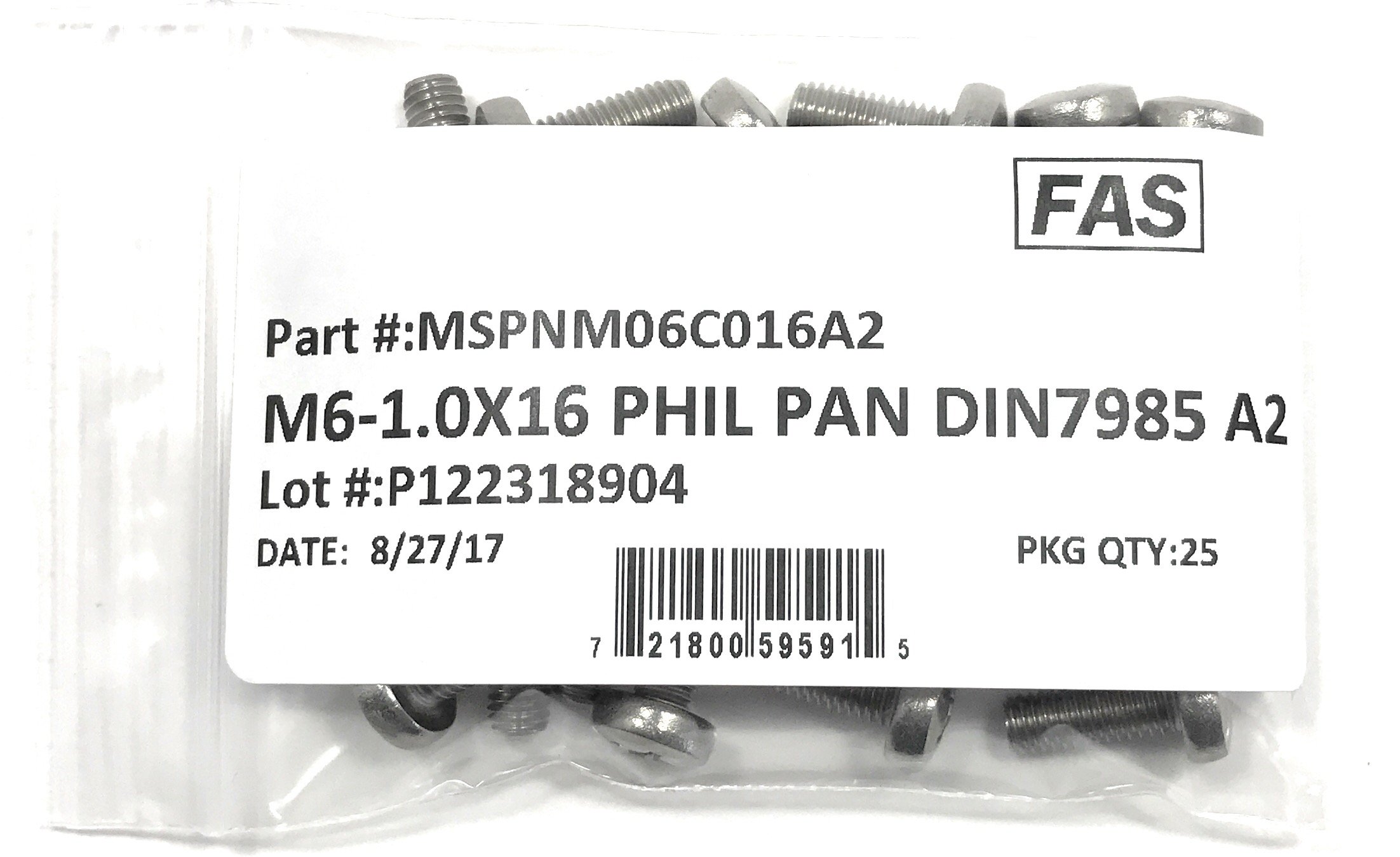 M6-1.00 x 16 Stainless Steel Phillips Pan Head Machine Screw DIN7985 A2 M6x16 (25 Pieces)