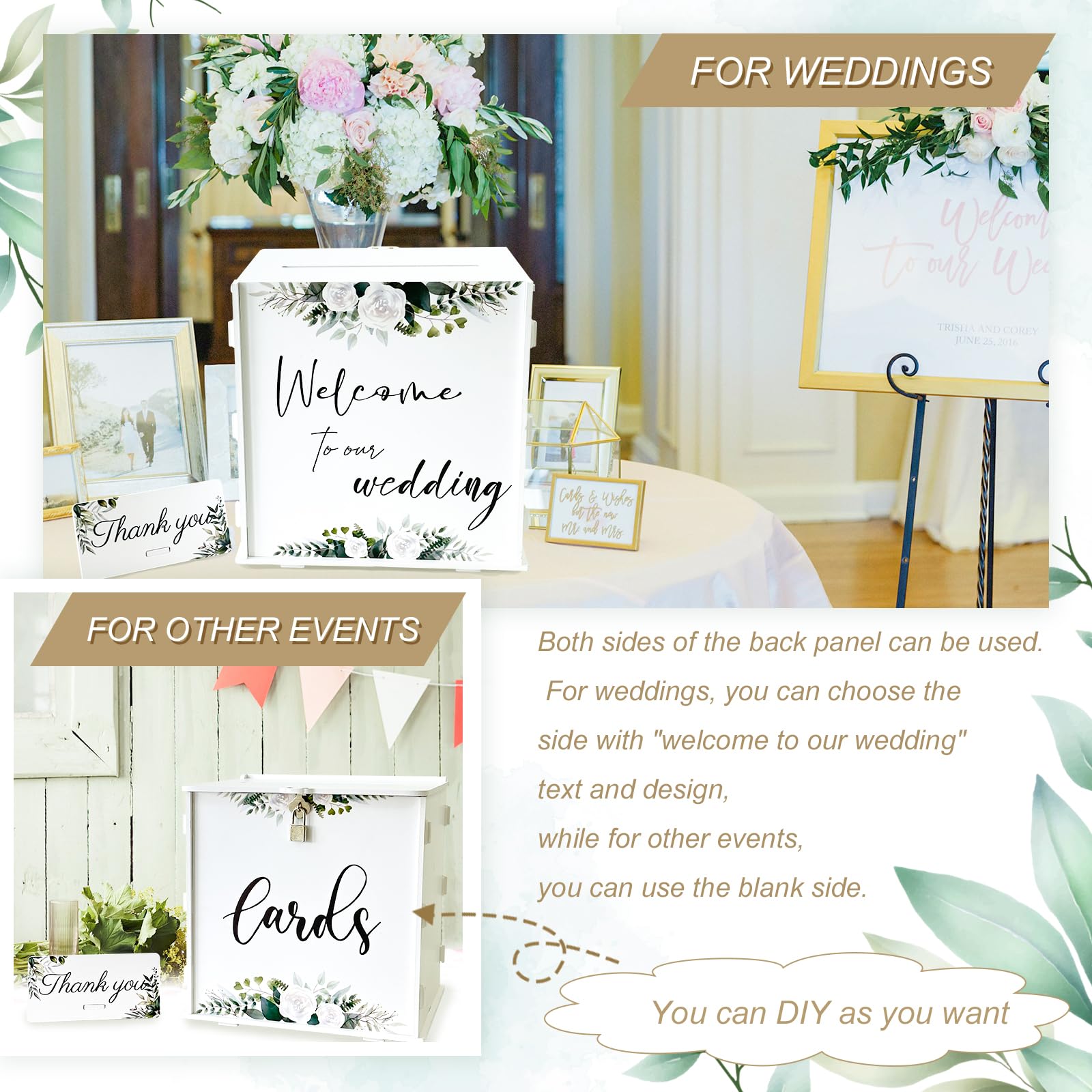 CYAOOI White Wedding Card Box with Lock, PVC Party Card Box for Wedding Reception, Floral Wedding Money Envelope Gift Card Holder Box for Graduation Birthday Baby Shower Decorations
