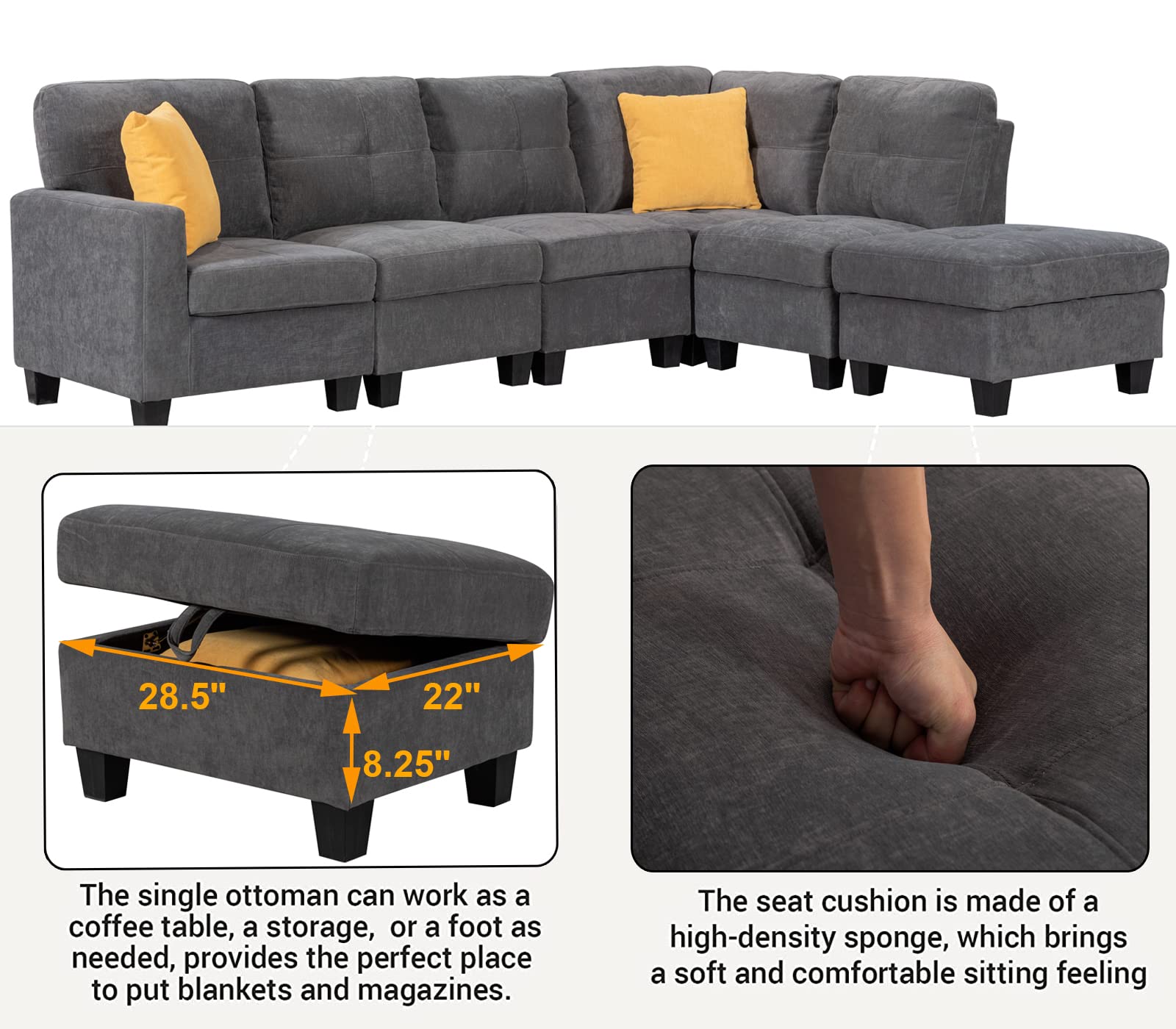 Flesser Loveseat Sofa Small Sectional Couch with Storage Modular Couch Love Seat with Ottoman for Small Spaces Velvet Convertible Bedroom Couch in Dark Grey