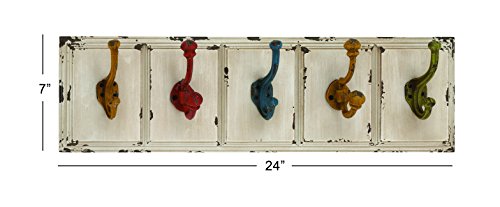 Deco 79 Wood 5 Hangers Wall Hook with Multi Colored Hooks, 24" x 4" x 7", White