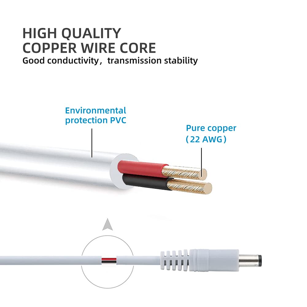 Power Extension 60ft Cable5.5mm x 2.1mm 12 Volt Male to Female Plug Cord for CCTV IP Security Cameras DVRs and More Devices White
