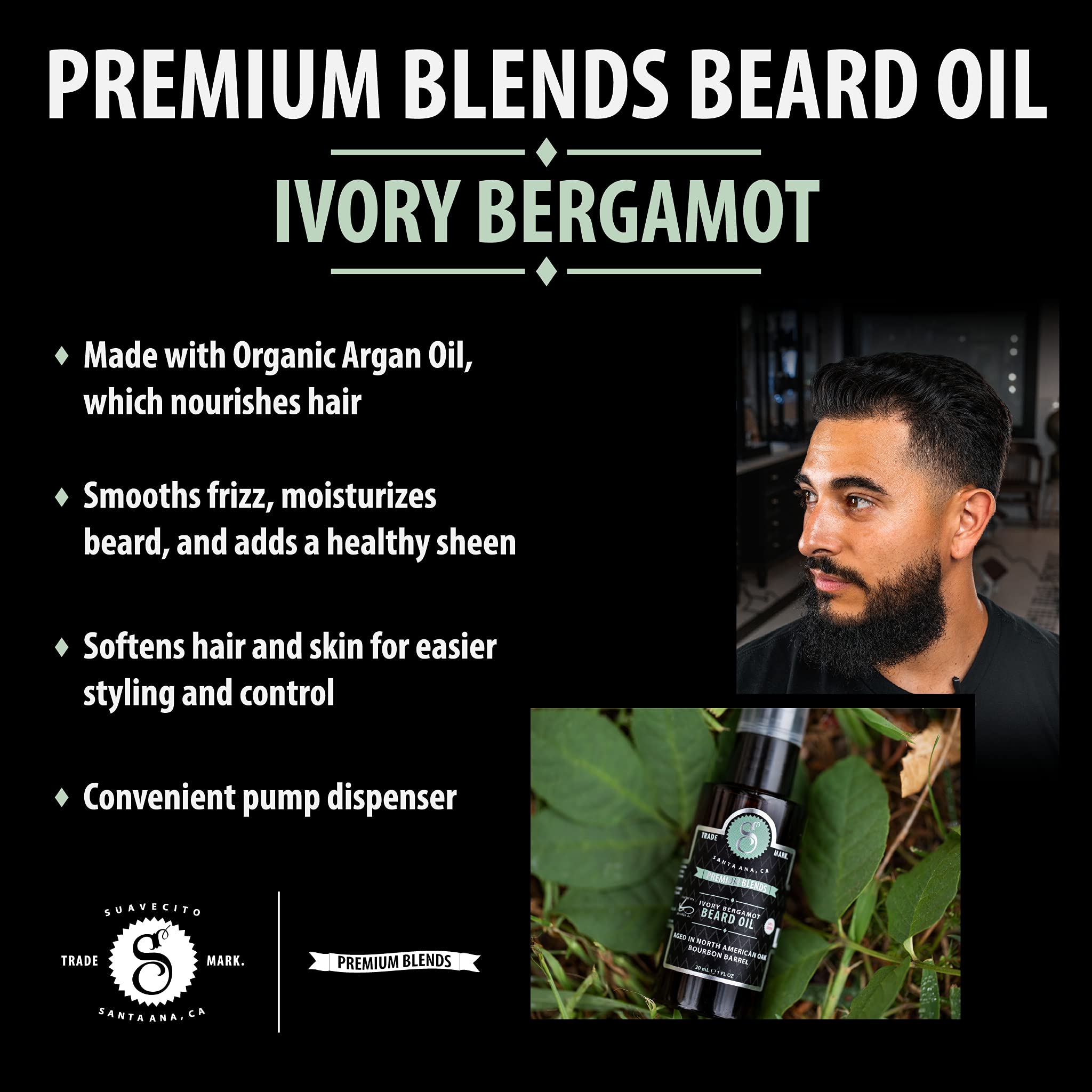 Suavecito Premium Blends Beard Oil - Leave-In Beard Conditioner For Softening Hair, Hydrating Skin, Eliminating Beard Dandruff, Healthy Beard Growth - Ivory Bergamot Fragrance - 1 oz