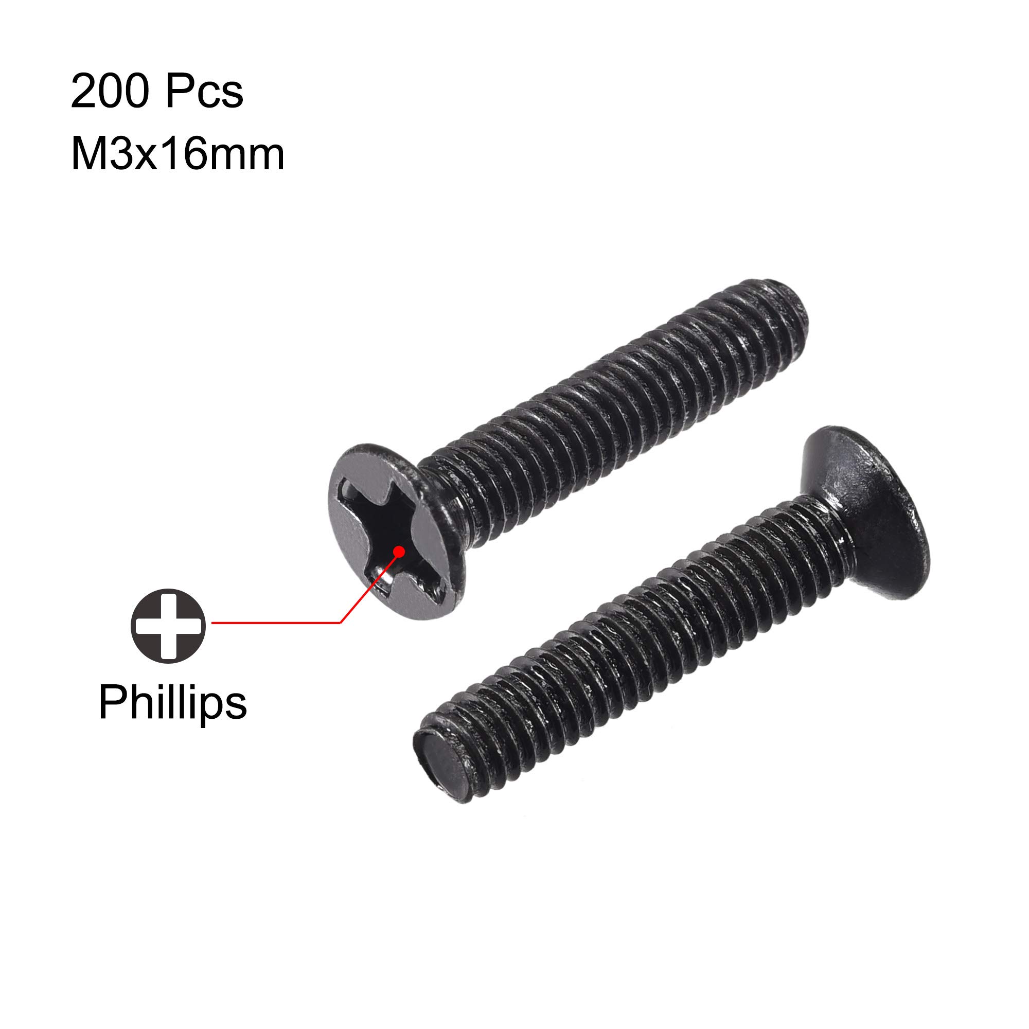 uxcell M3 x 16mm Phillips Screw Fastener Black for Laptop PC TV Fan Switch 200pcs