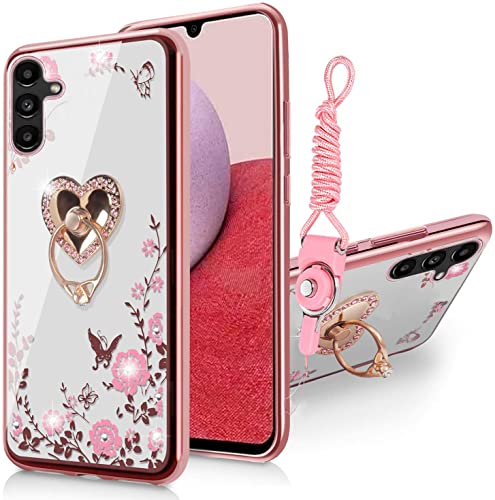 B-wishy for Samsung Galaxy A14 5G/A14 4G Glitter Crystal Butterfly Heart Floral Slim TPU Luxury Bling Cute Protective Cover with Kickstand+Strap for Samsung Galaxy A14 4G/5G(Rose Gold)