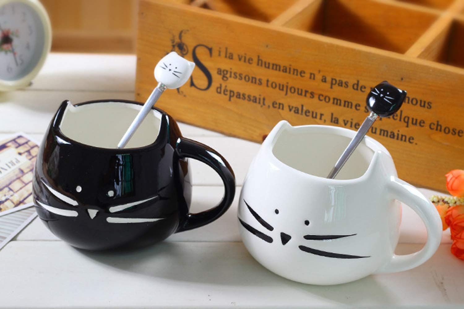Honbay 2PCS Cute Cat Spoon Stainless Steel Tea Spoon Coffee Spoon Sugar Spoon for Cat Mug, Black and White