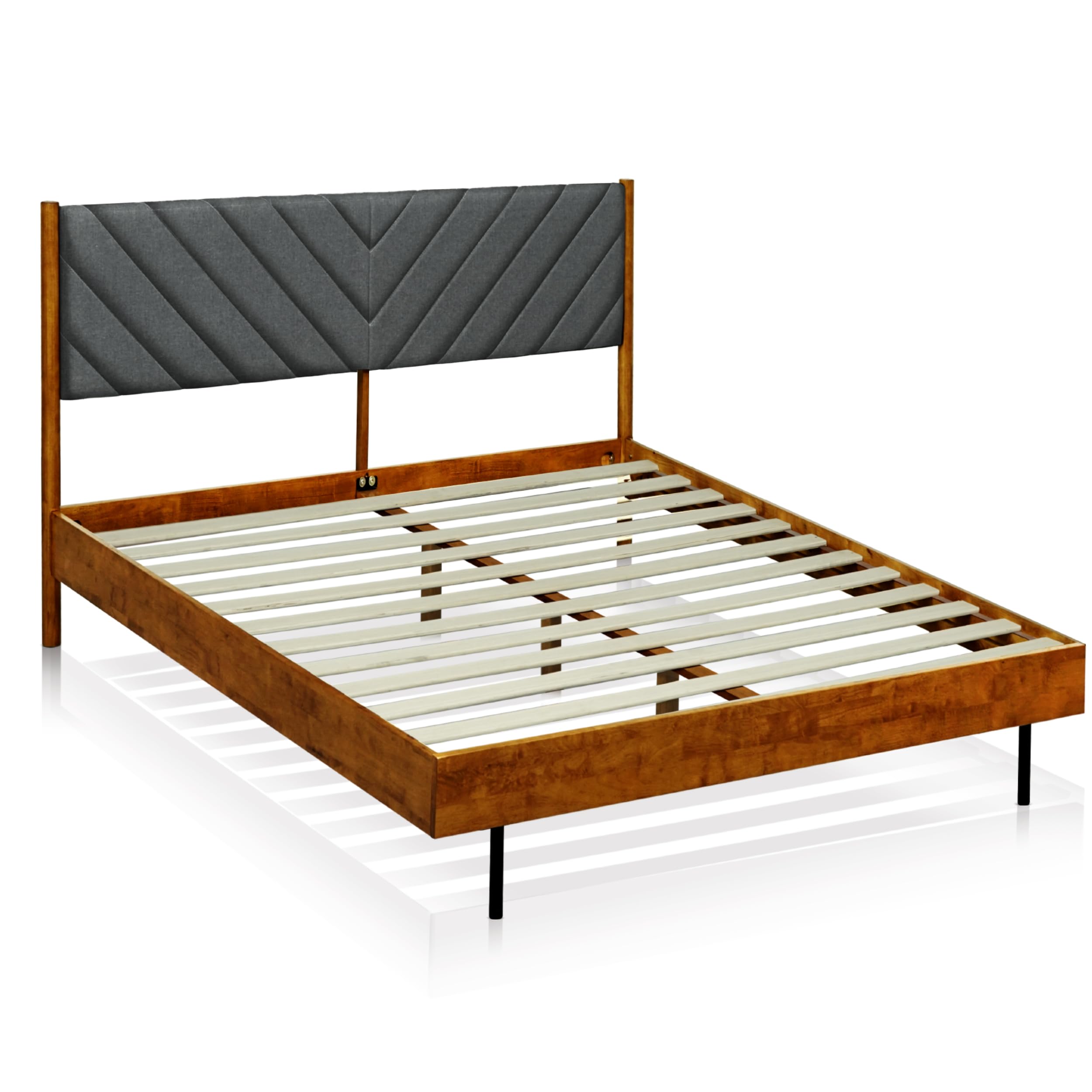 Acacia Astoria Solid Wood King Platform Bed Frame with Upholstered Headboard, Any Mattress Support, Noise-Free Slats Support, 30 Mins Assembly, Mid Century Modern Style, Walnut.