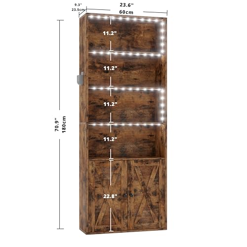 IRONCK Tall Bookcase with LED Lights, 70 in Industrial Bookshelf Display Shelf Floor Standing for Home Office, Living Room, Bed Room